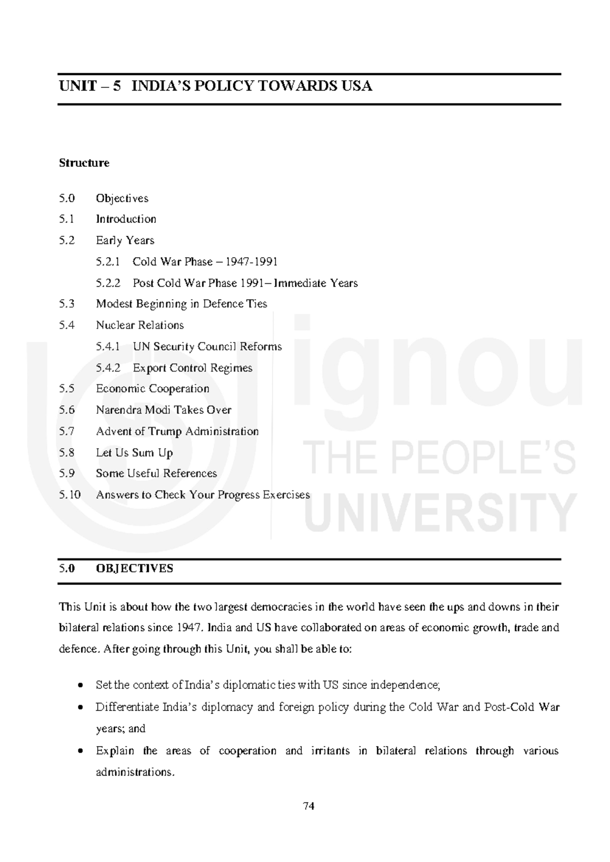 Unit-5 - This is reference note - UNIT – 5 INDIA’S POLICY TOWARDS USA Structure 5 Objectives 5 ...