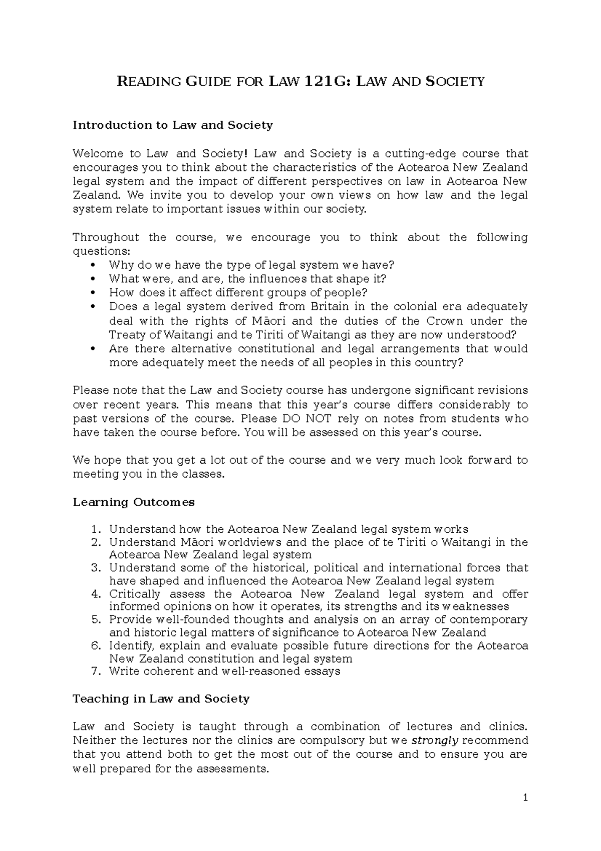 LAW121 Reading Guide Semester 1 2023 - READING GUIDE FOR LAW 121G: LAW ...