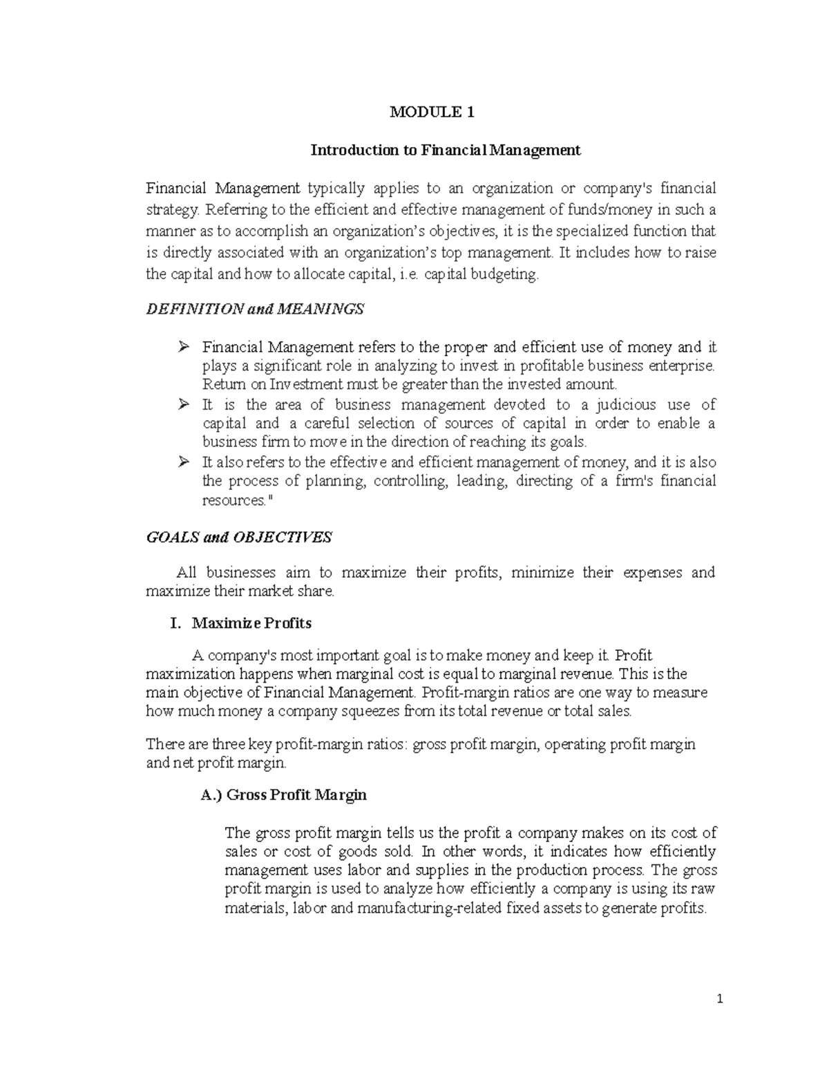 Module 1 Financial Management - MODULE 1 Introduction to Financial ...
