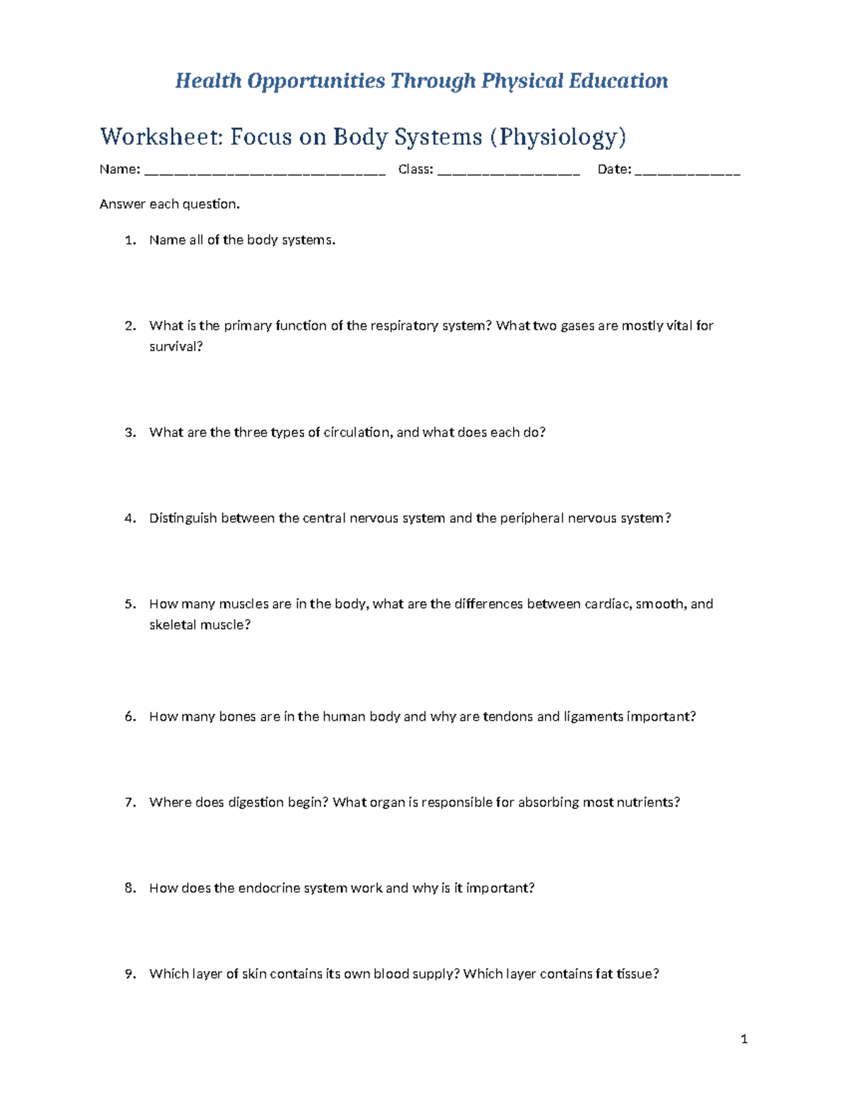 Worksheet Focus on Body Systems-physiology - Health Opportunities ...