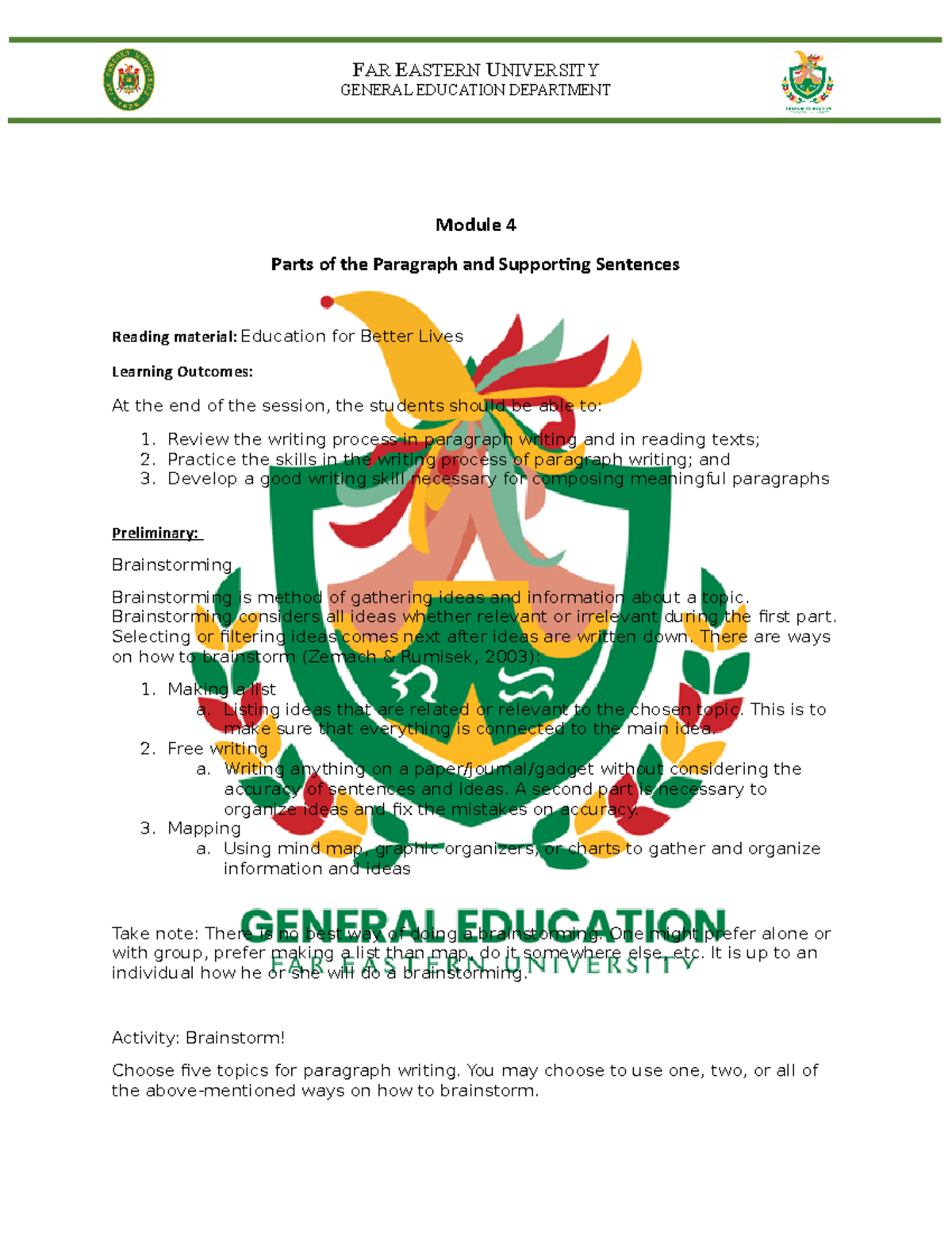 Module 4 and 5 - Parts of the Paragraph and Supporting Sentences and ...
