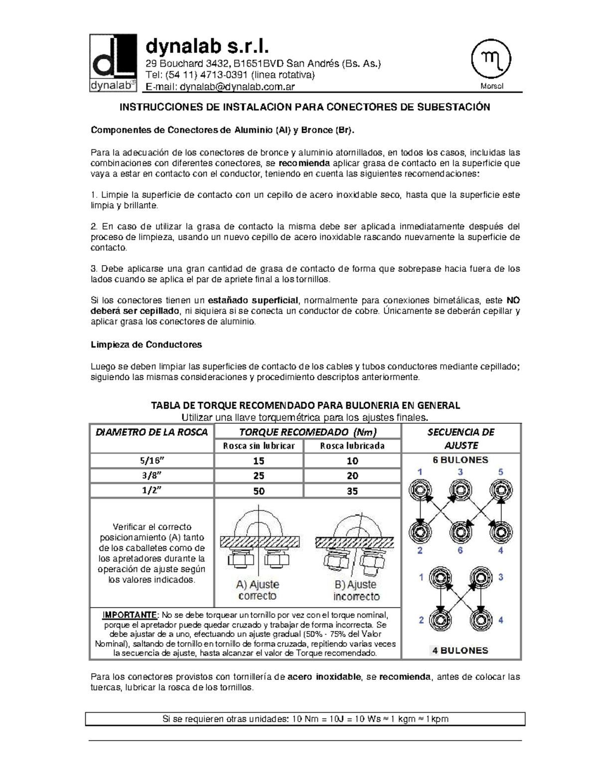 Tabla DE Torque Recomendado PARA Buloneria DE Conectores - Dynalab - dynalab s.r. 29 Bouchard ...