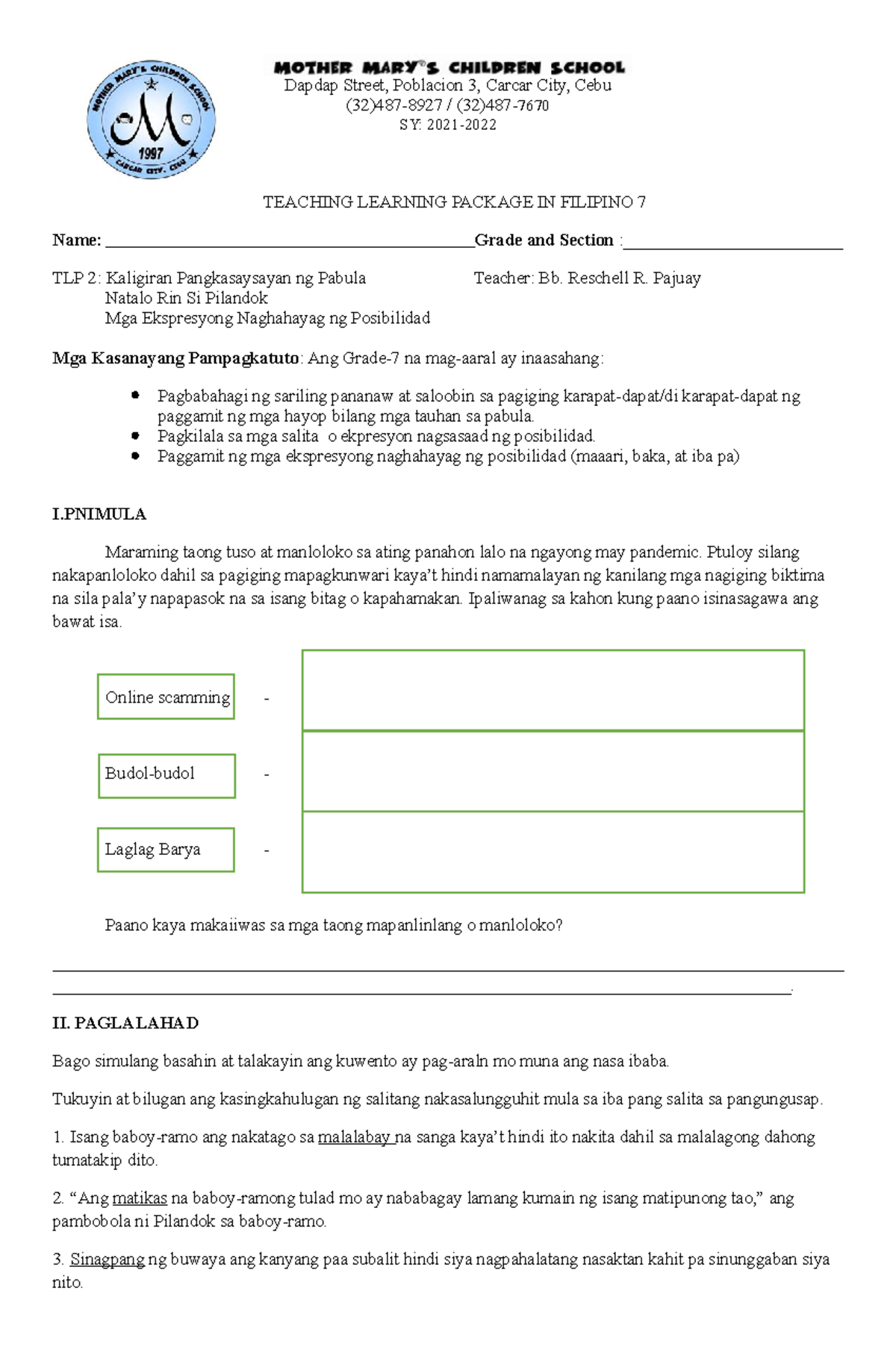 Filipino 7- TLP 2 - It can be a lecture notes with activities. It is a ...