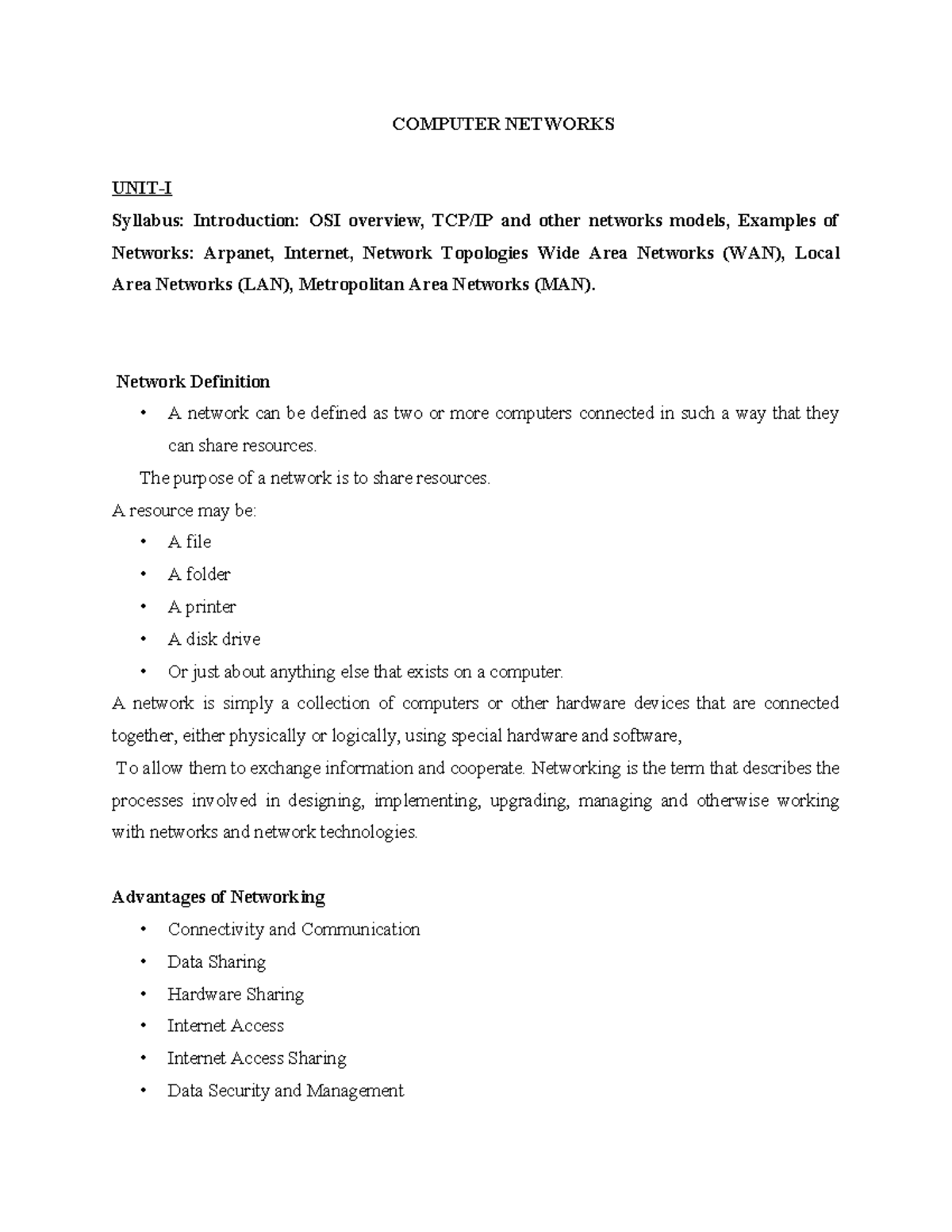 CN-Unit-I - COMPUTER NETWORKS UNIT-I Syllabus: Introduction: OSI overview, TCP/IP and other ...