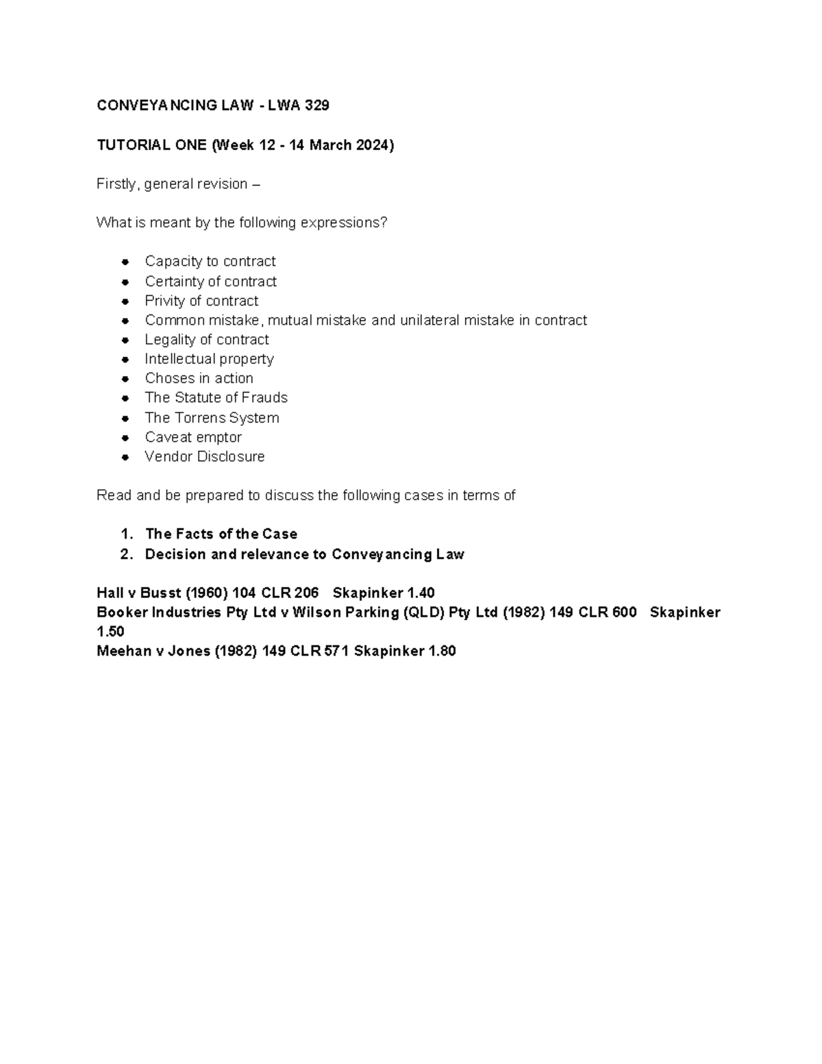 Conveyancing Law - Tut 1 - CONVEYANCING LAW - LWA 329 TUTORIAL ONE ...