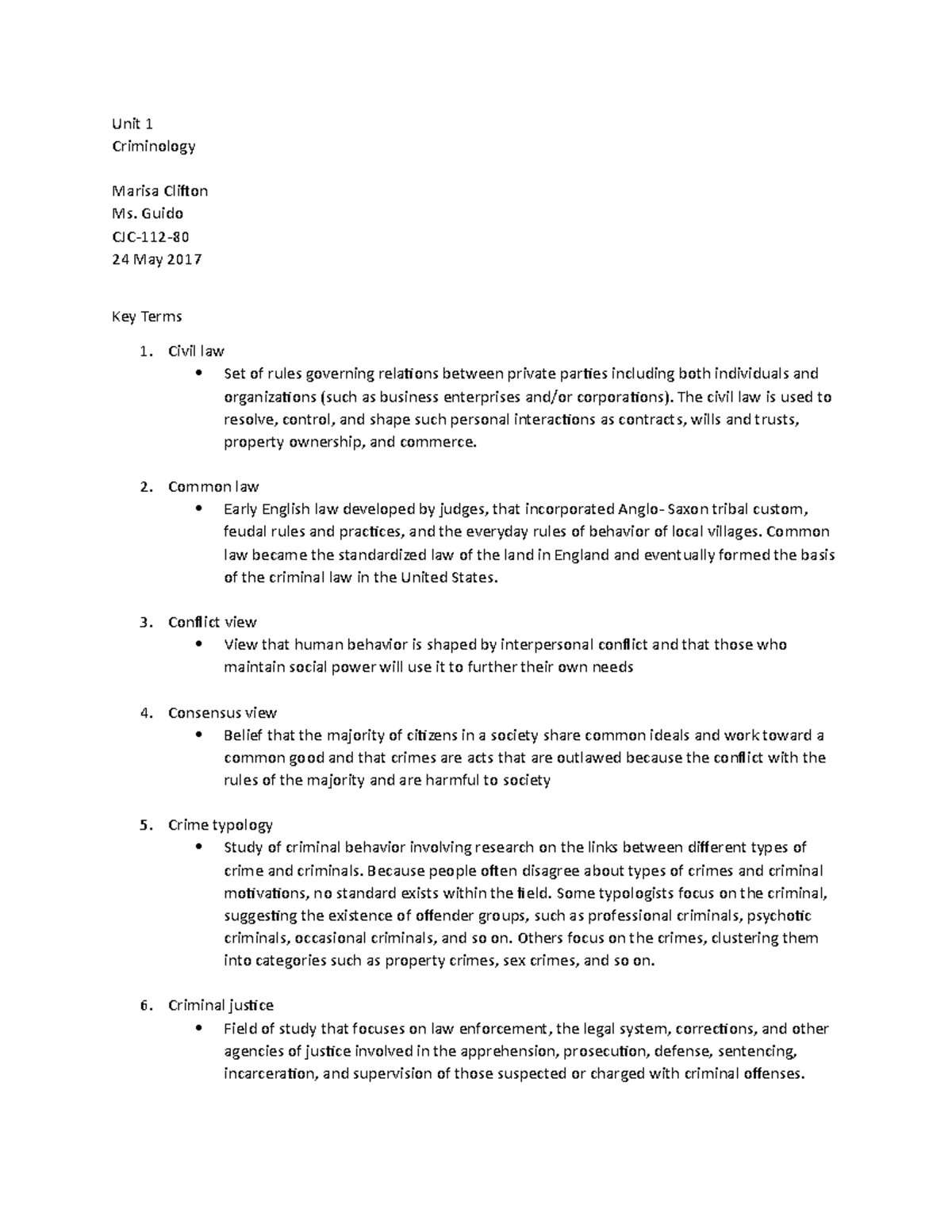 Chapter 1 Worksheet - Unit 1 Criminology Marisa Clifton Ms. Guido CJC ...