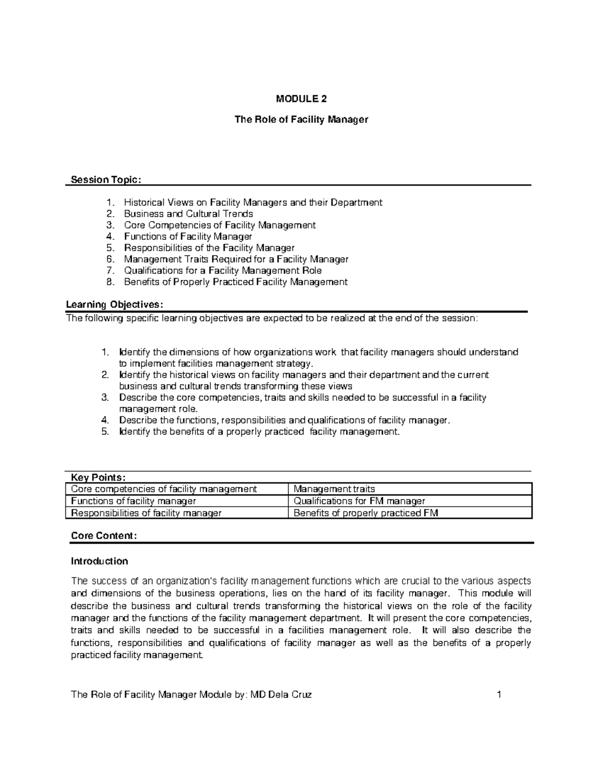 Module 2 The Role of Facility Manager - Operations Management - Studocu