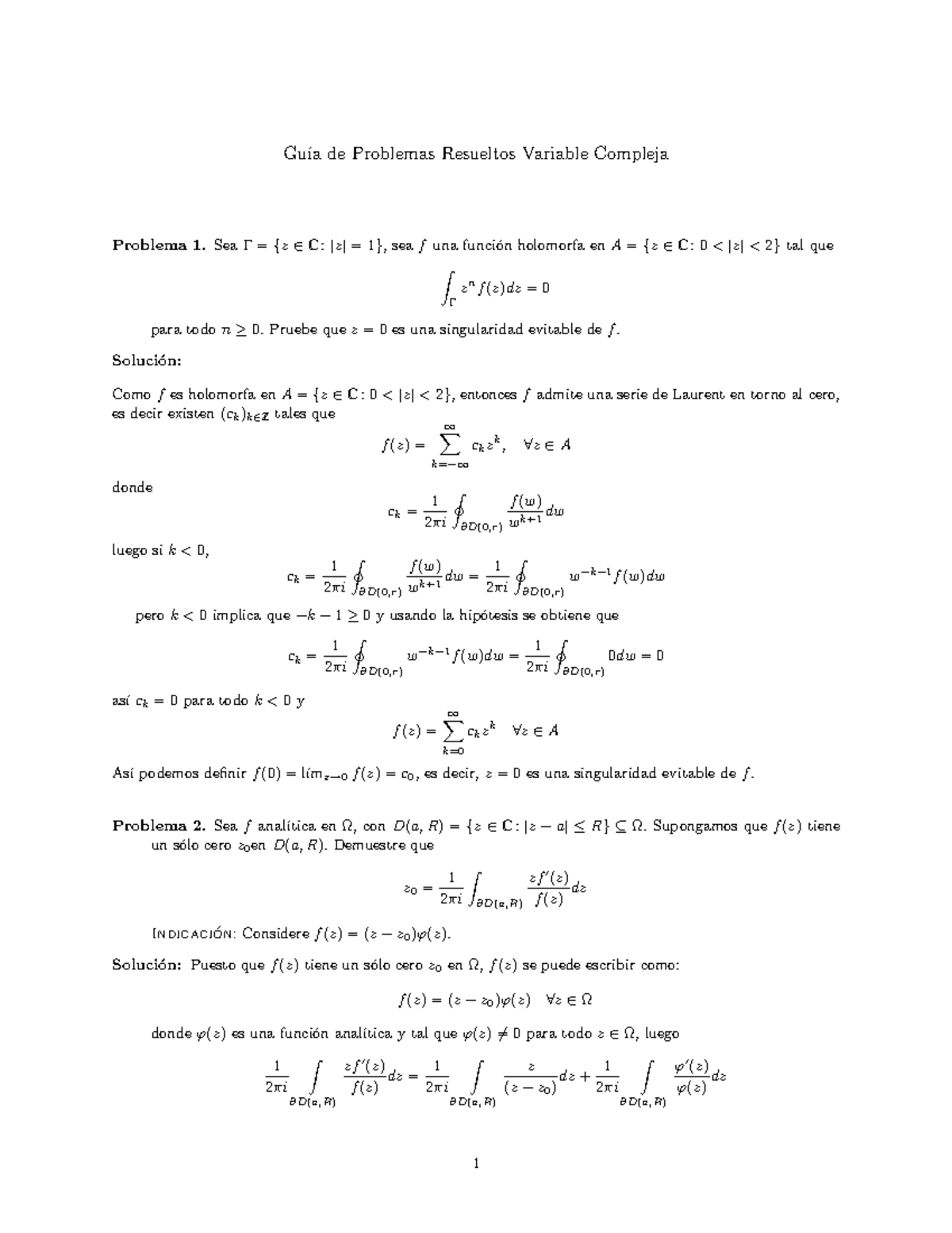 Ejercicios Resueltos Variable Compleja - Gu ́ıa de Problemas Resueltos Variable Compleja ...