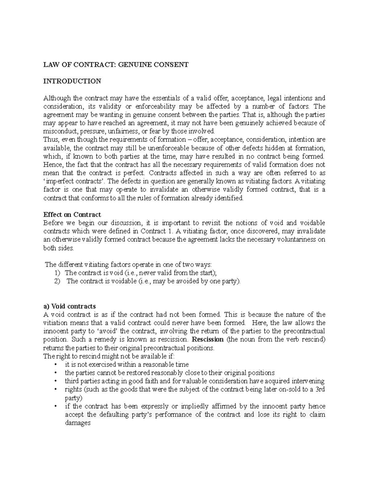 Misrepresentation - LAW OF CONTRACT: GENUINE CONSENT INTRODUCTION ...