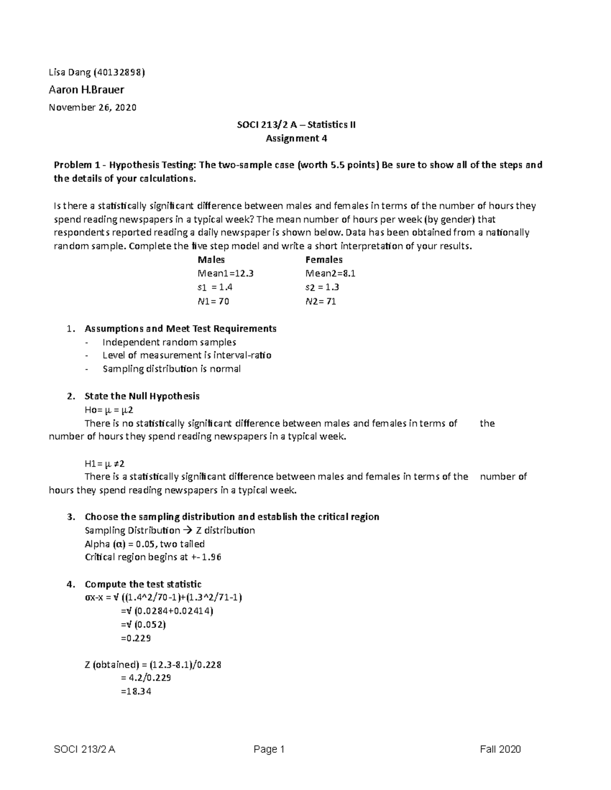 Assignment 4 SOCI 213 - SOCI 213/2 A Page 1 Fall 2020 Lisa Dang (40132898) Aaron H November 26 ...