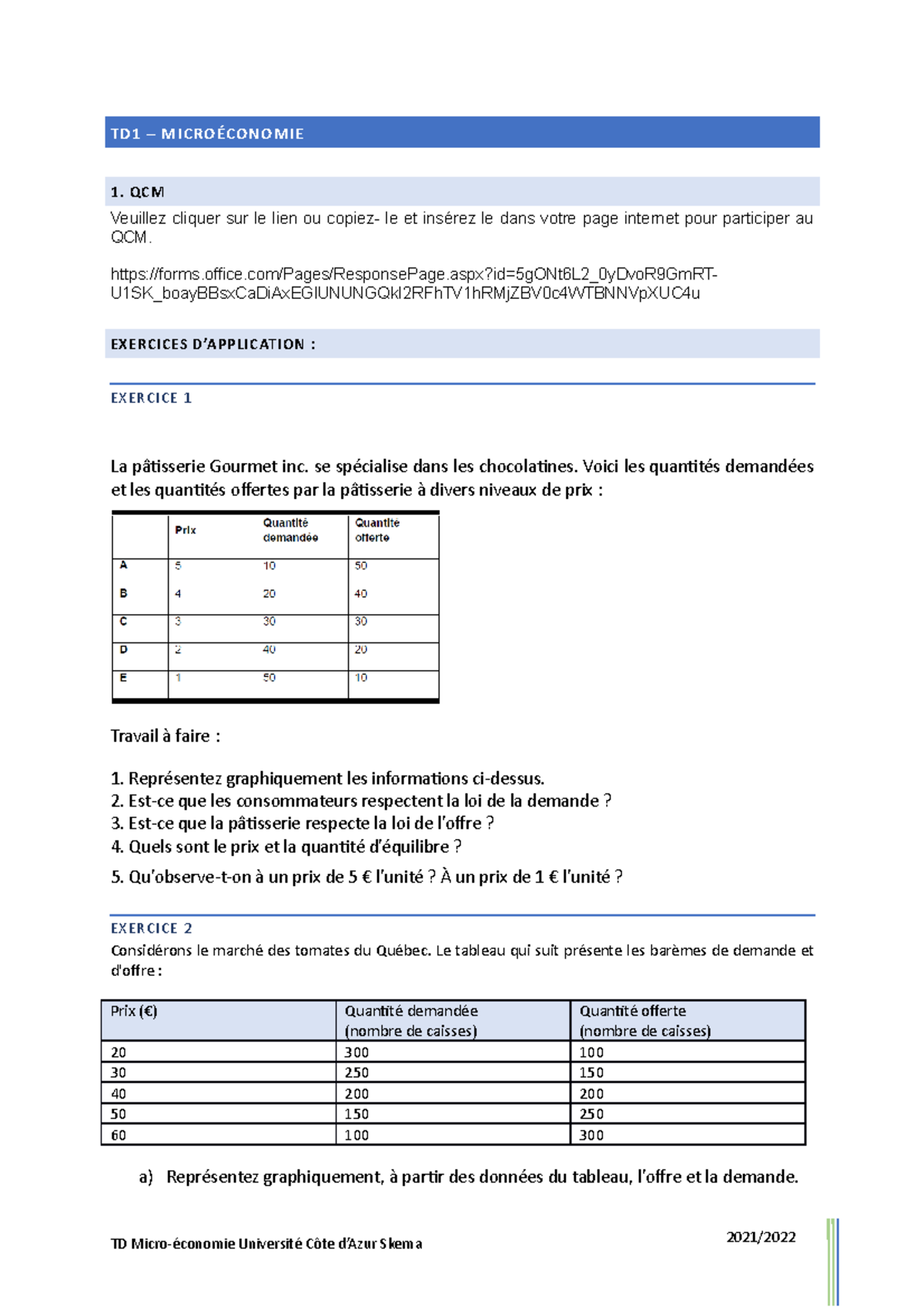 TD1 Exercices 2021 - TD1 de micro, avec correction comprise et plusieurs explication en ...