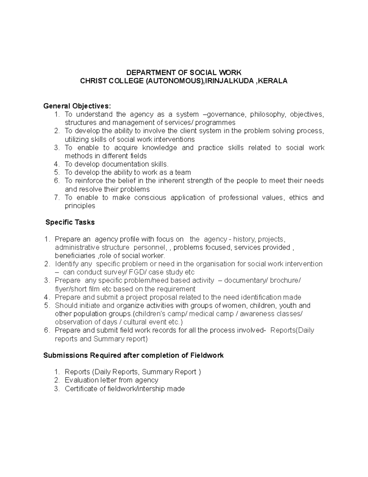 Fieldwork Objectives - Field work - DEPARTMENT OF SOCIAL WORK CHRIST ...