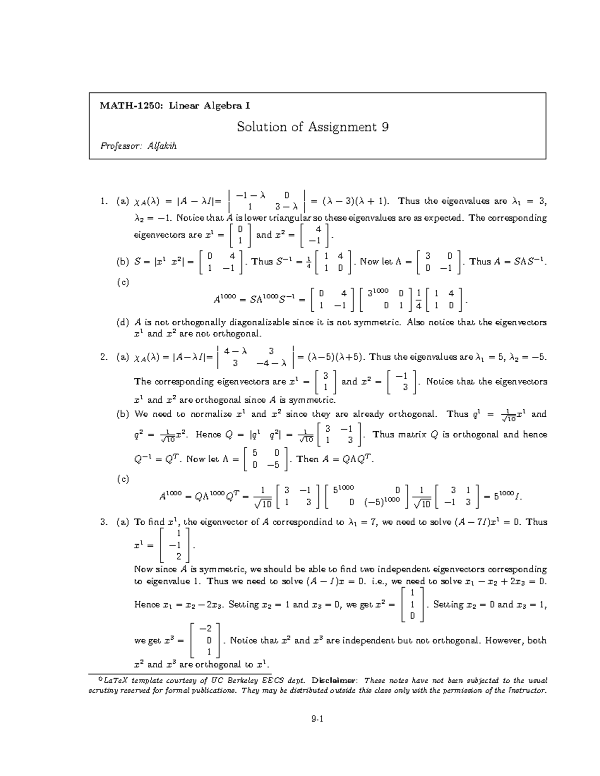 Shw9 - MATH-1250: Linear Algebra I Solution of Assignment 9 Professor ...