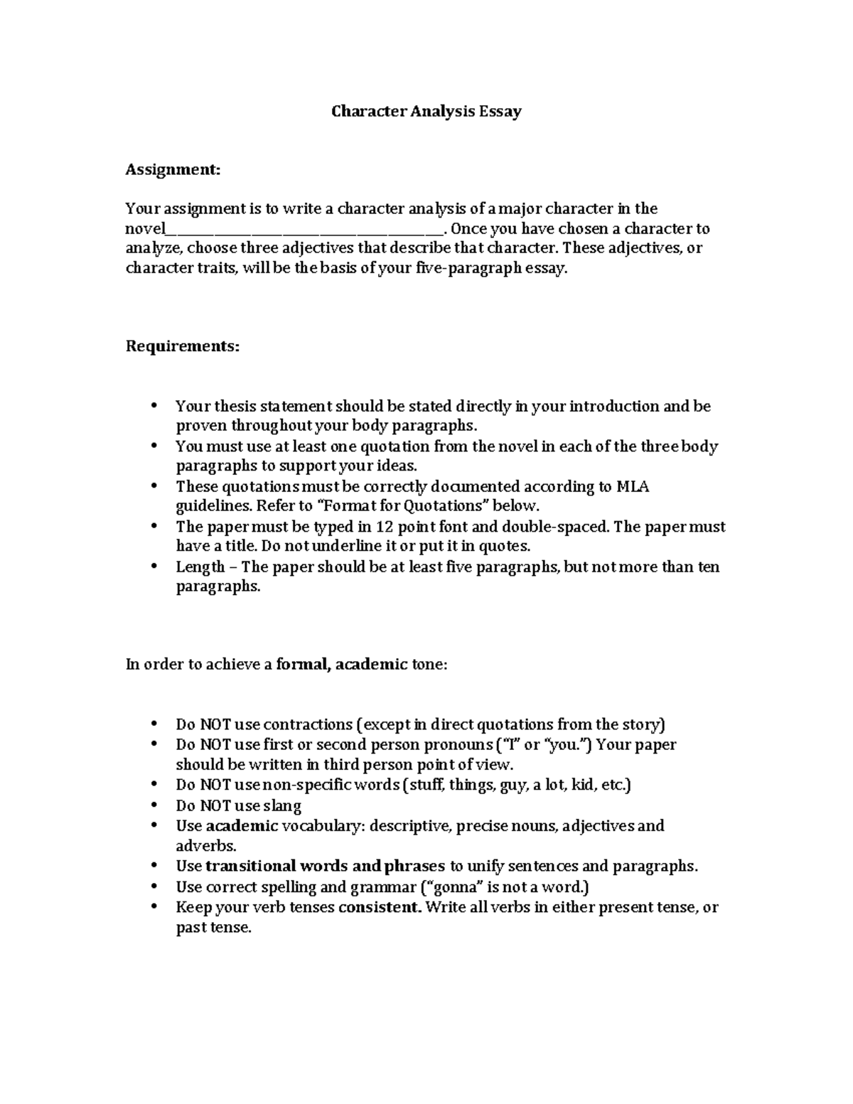 Character analysis essay unit - Character Analysis Essay Assignment ...