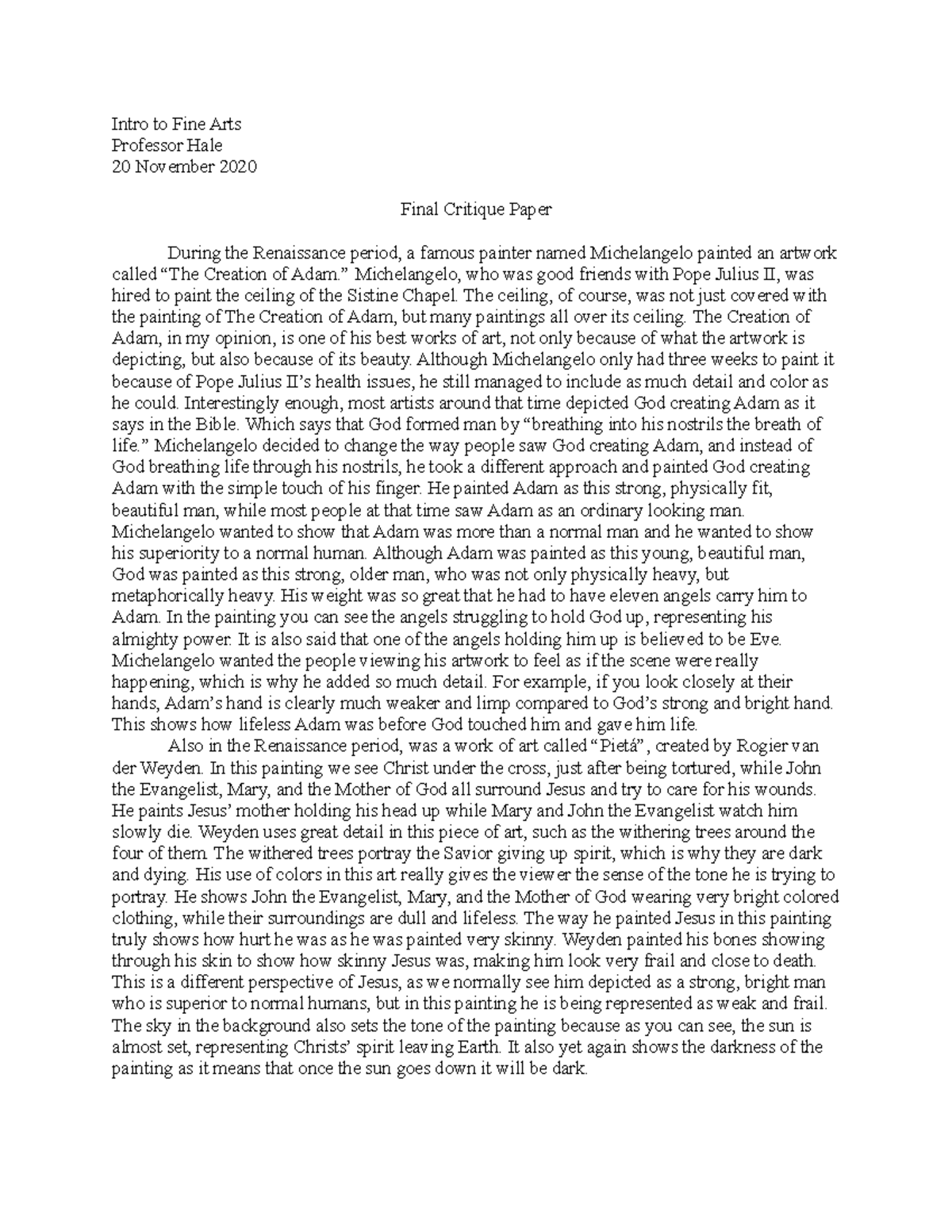 Final Critique Paper - Intro to Fine Arts Professor Hale 20 November ...