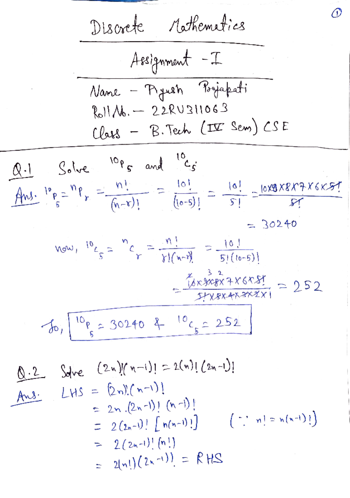Math assignment 3 - nothing specific - 1 Discrete Mathematics Assignment Name Pigush Prajapati ...