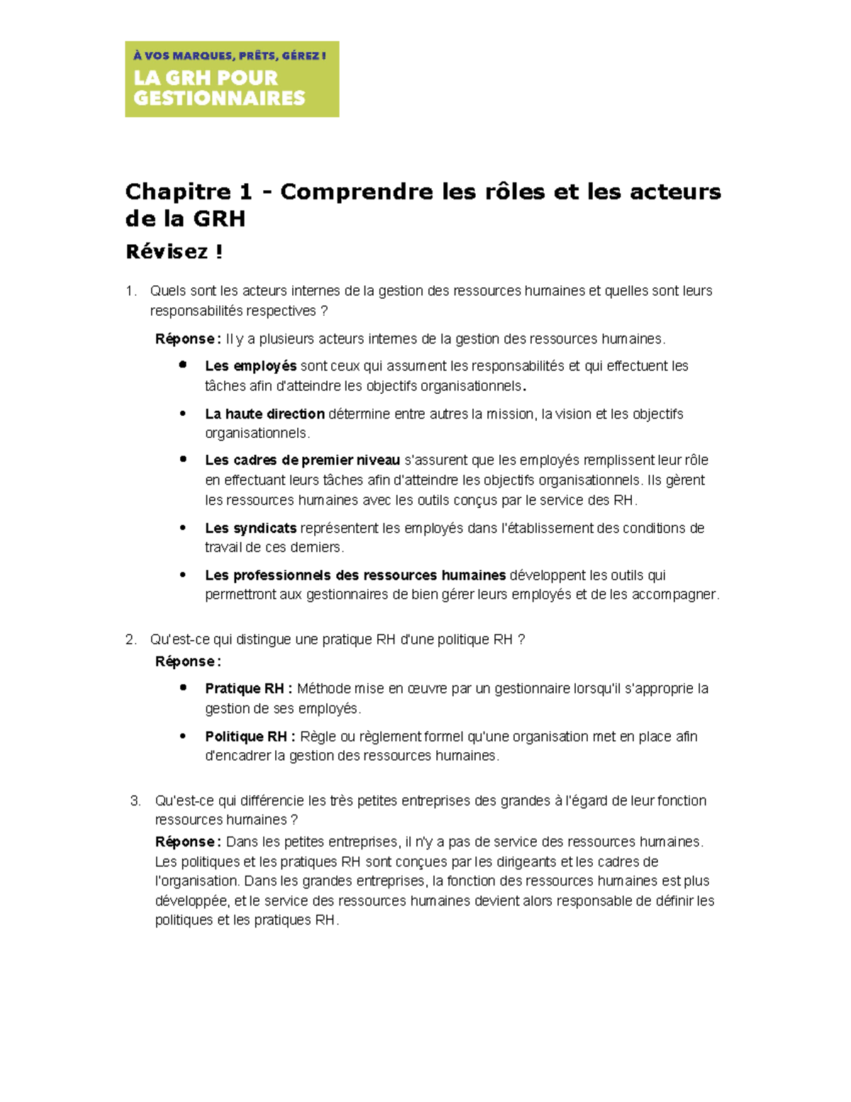 Chapitre 1 corrigé GRH - Chapitre 1 - Comprendre les rôles et les acteurs de la GRH Révisez! 1 ...