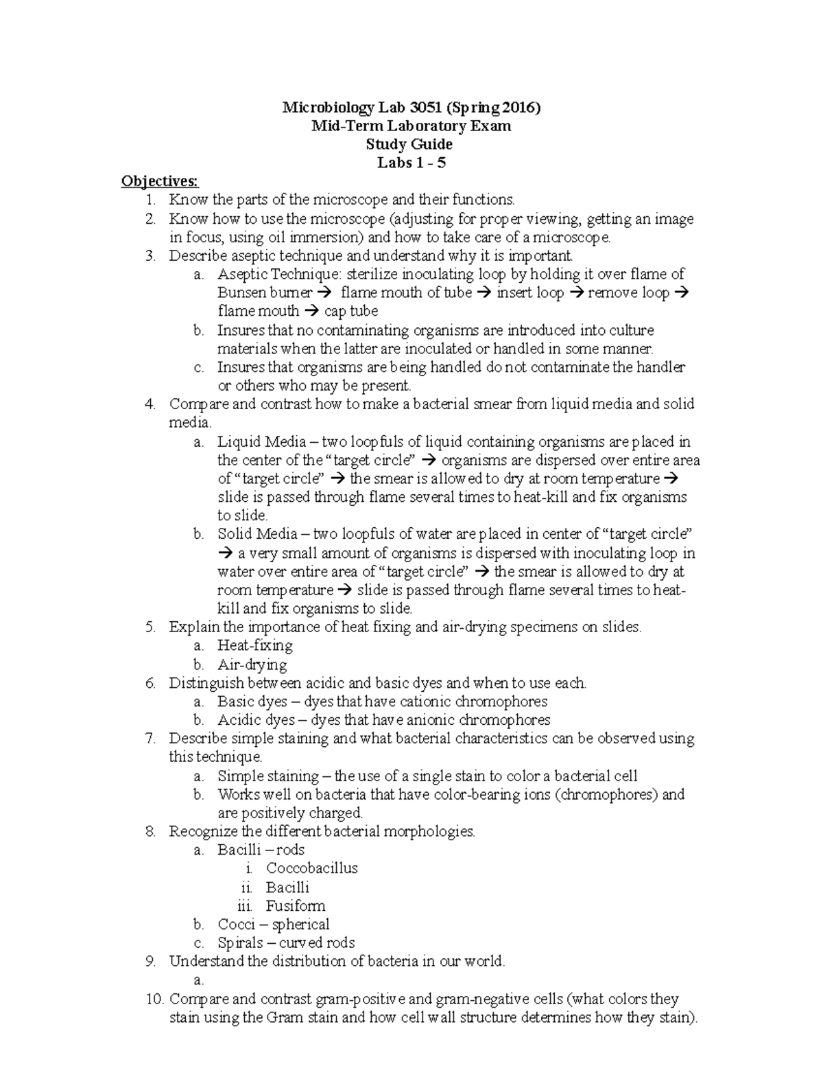 Midterm Lab Study Guide - Prescott's Microbiology - Microbiology Lab 3051 (Spring 2016) Mid-Term ...