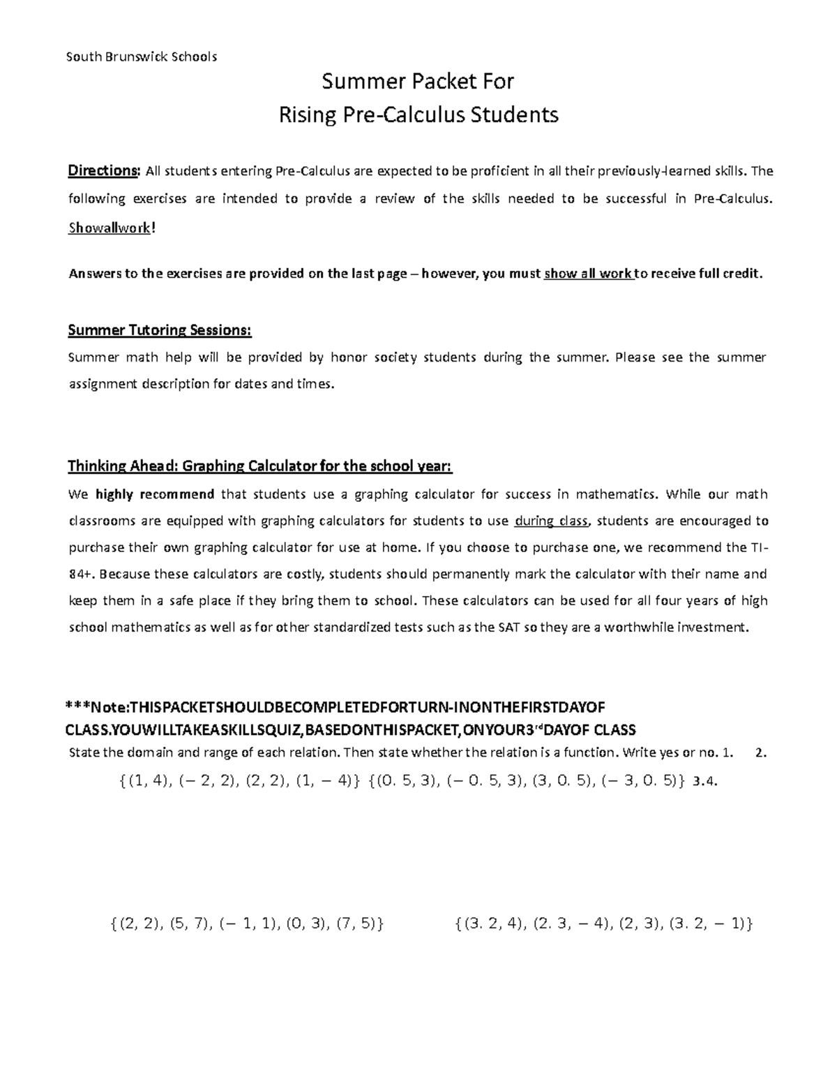 Summer assignment for pre calc - South Brunswick Schools Summer Packet ...