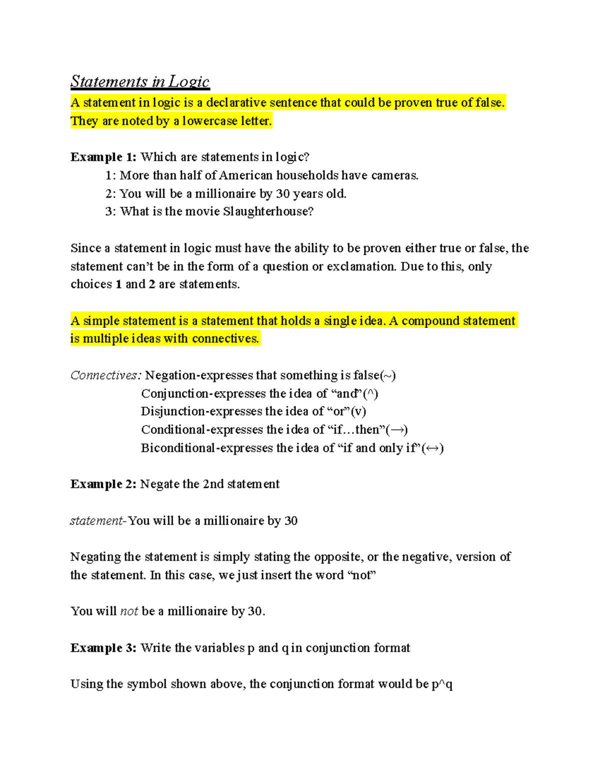 Survey of Mathematics Notes Section 3.1 - Statements in Logic A ...