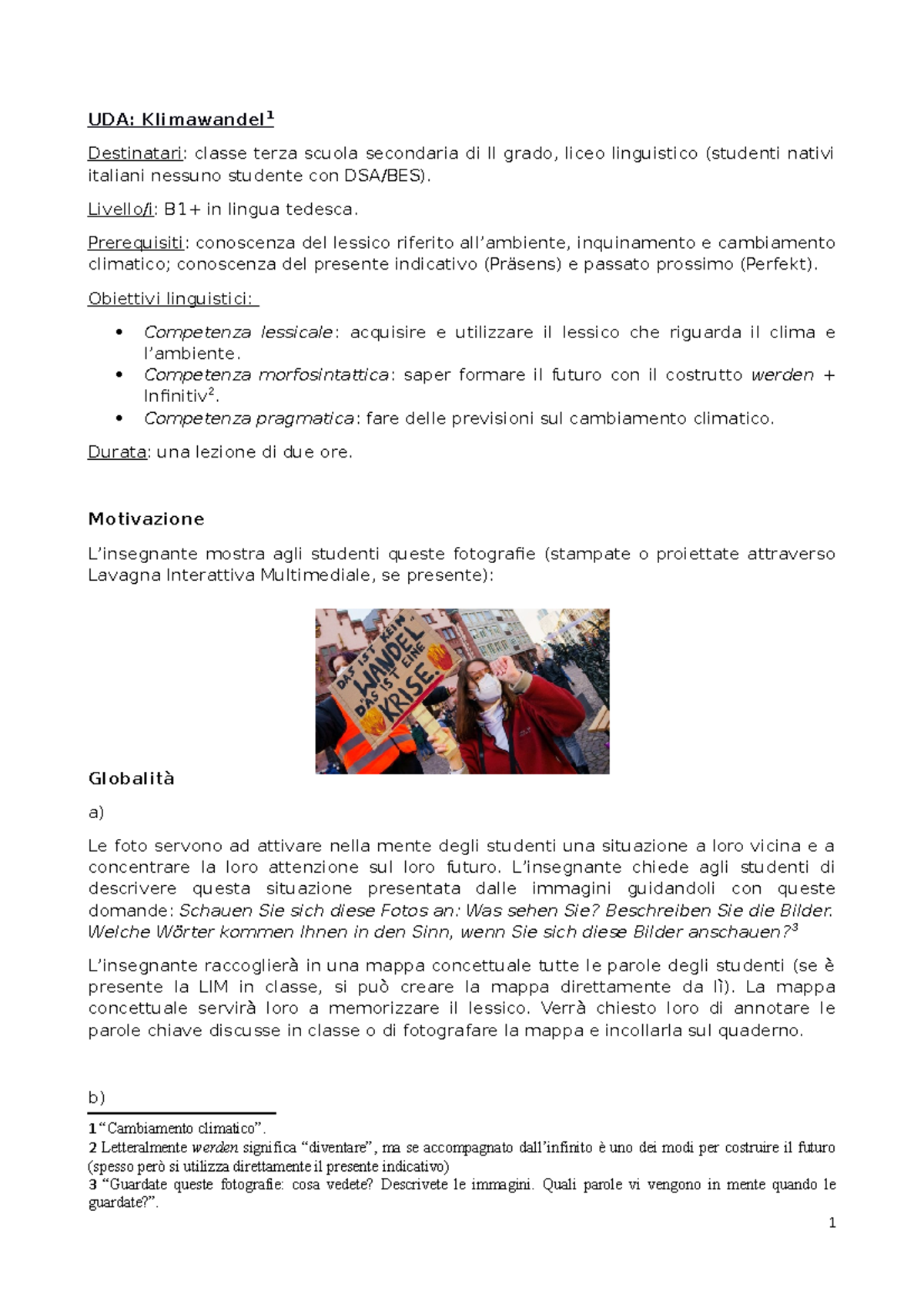 Esempio uda 2 - Appunti del corso - UDA: Klimawandel 1 Destinatari: classe terza scuola ...