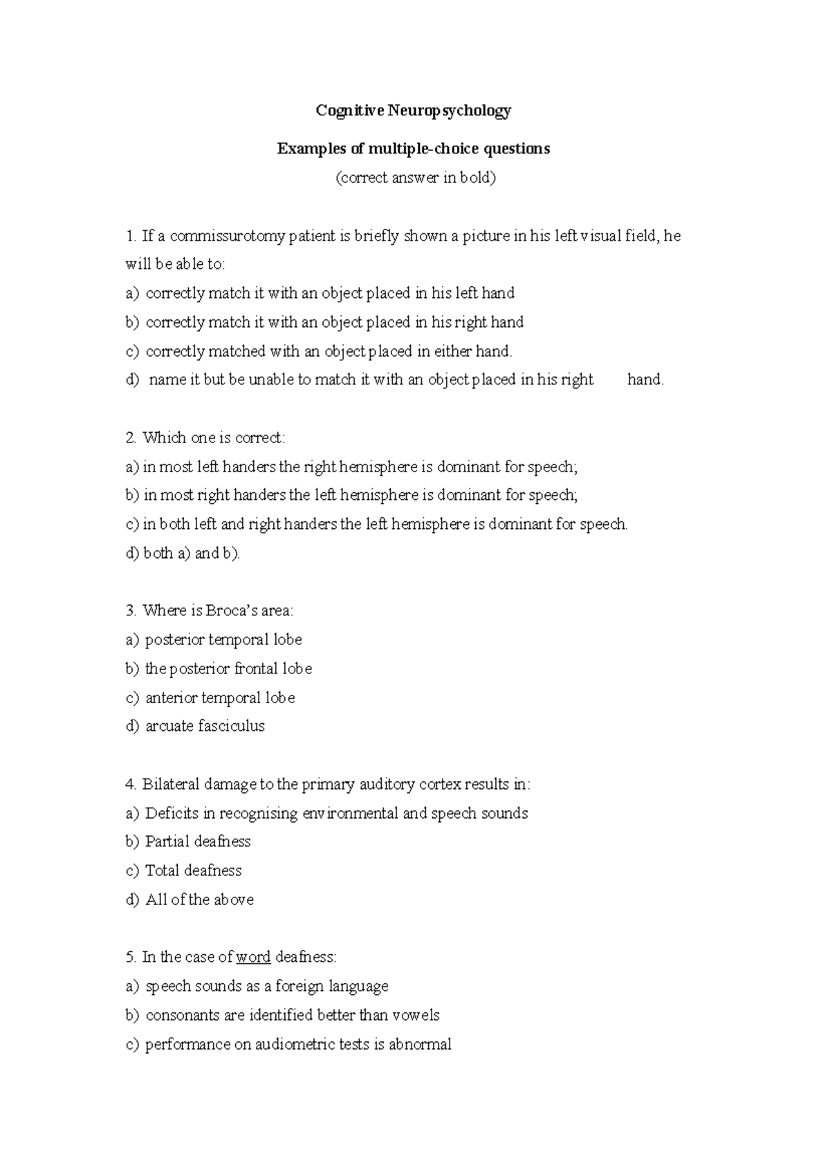 Romanipracticequestions - Cognitive Neuropsychology Examples of ...