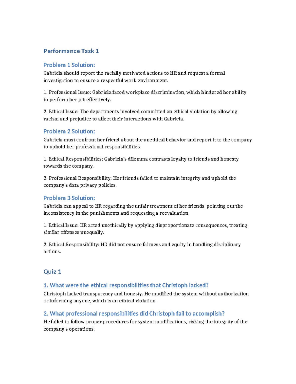 Performance Task and Quiz Answers - Performance Task 1 Problem 1 ...