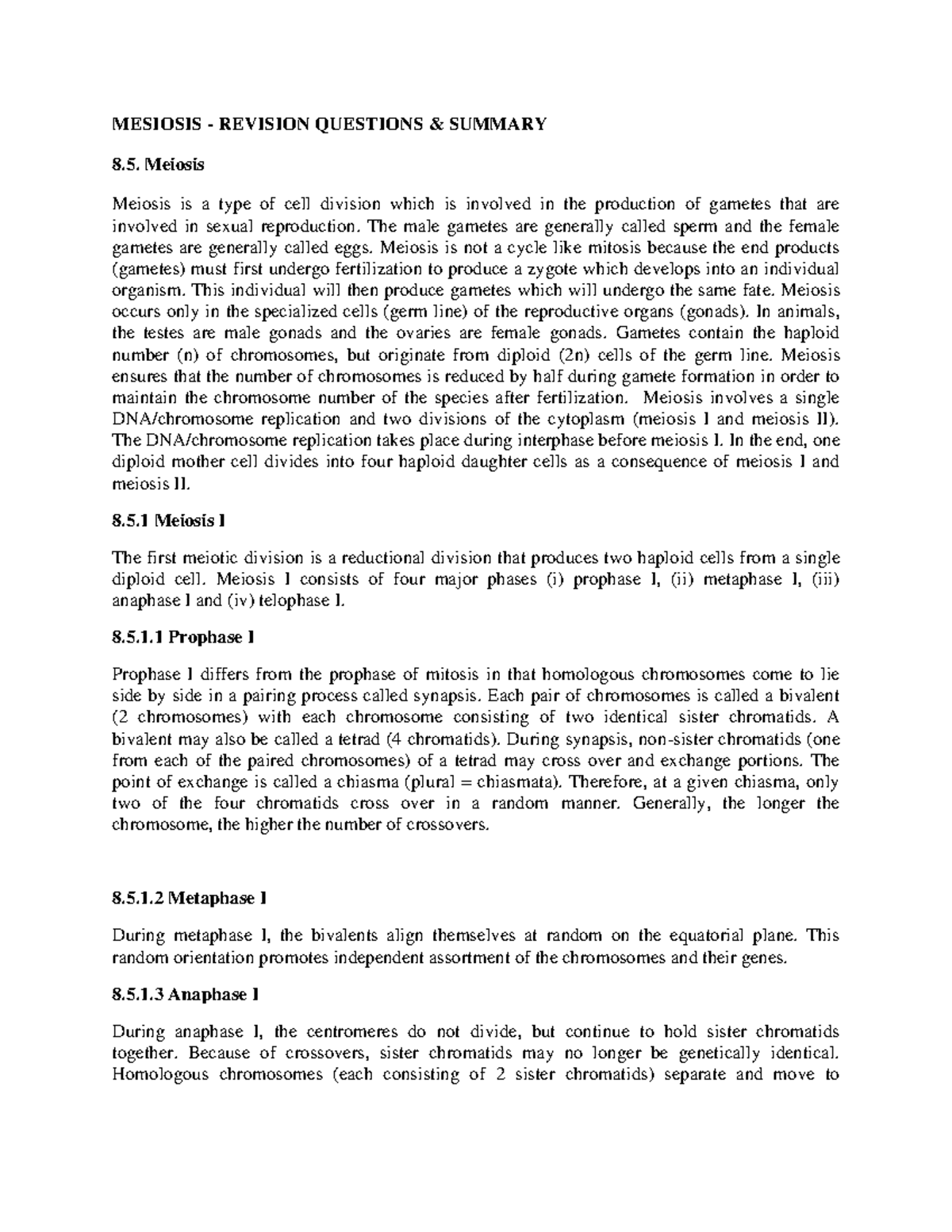Part 2 Topic 8b Meiosis Revison Questions and Summary 2021 - MESIOSIS ...