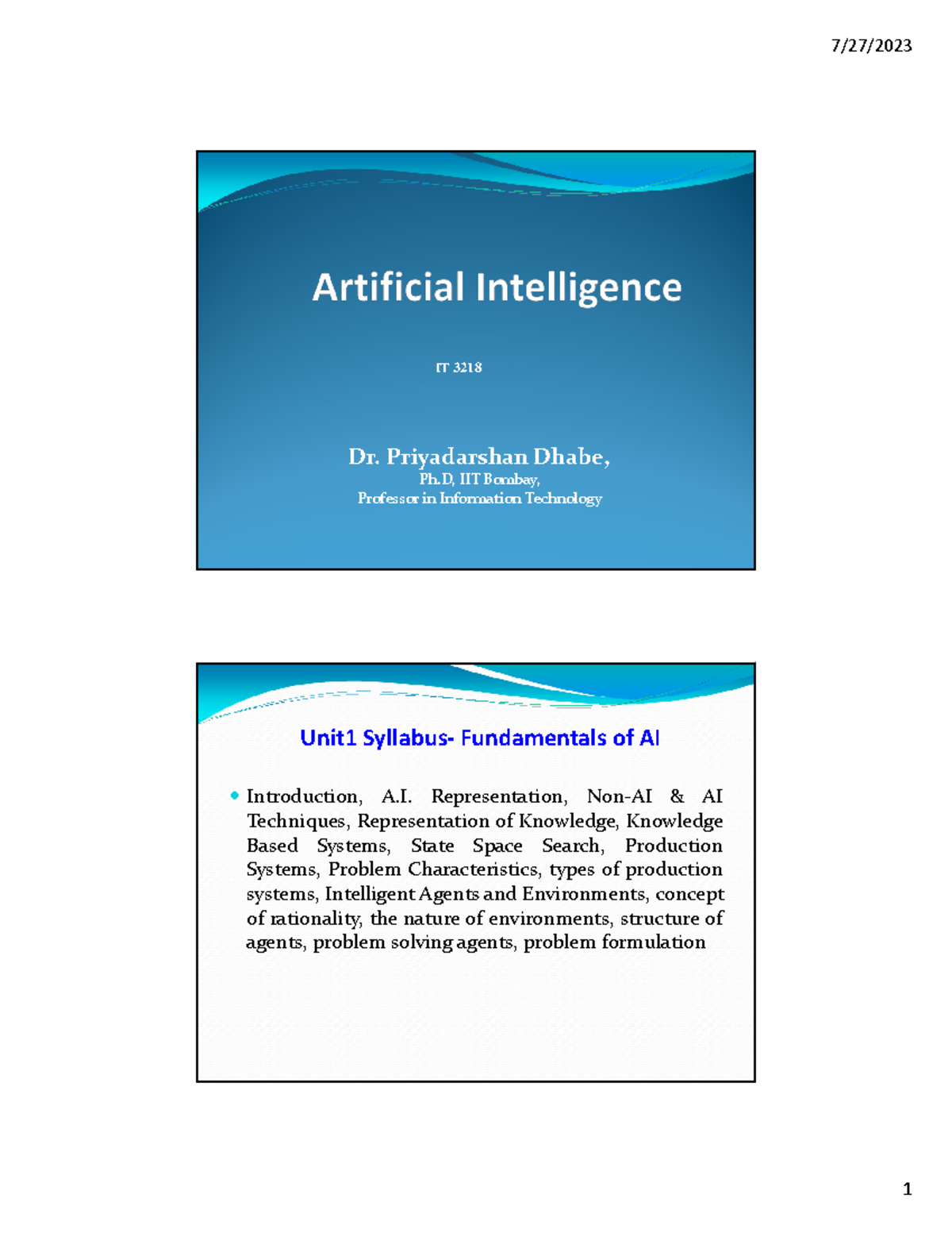 AI-UNIT1-version 2-slide handouts - ####### Dr. Priyadarshan Dhabe, Ph ...
