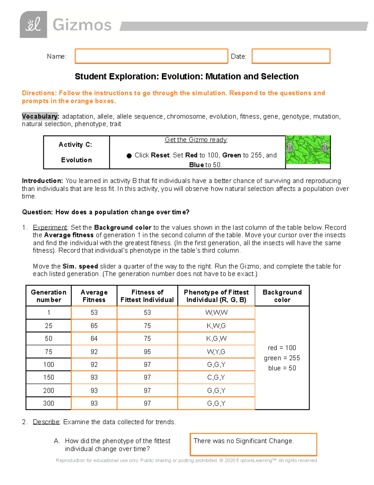 Copy of Evolution Mutation and Selection Gizmo (Individual) - Name ...