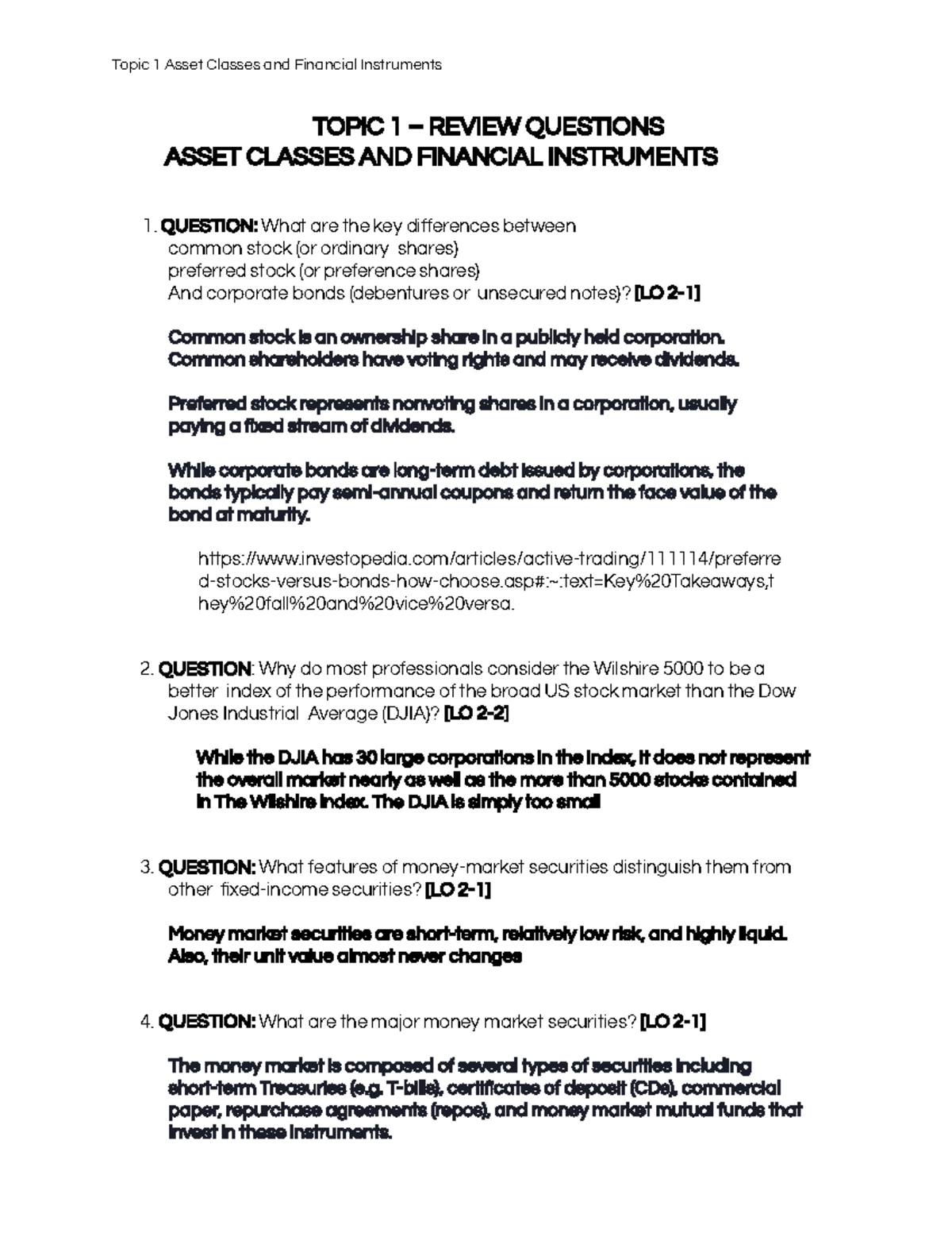 Fin201 Topic 1 Review Questions Answers - Topic 1 Asset Classes and ...