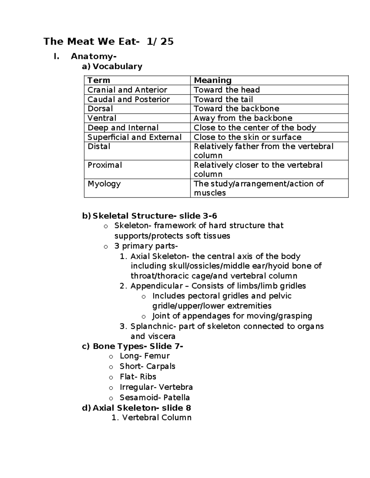 MWE- 1-25 Notes - The Meat We Eat- 1/ 25 I. Anatomy- a) Vocabulary Term ...