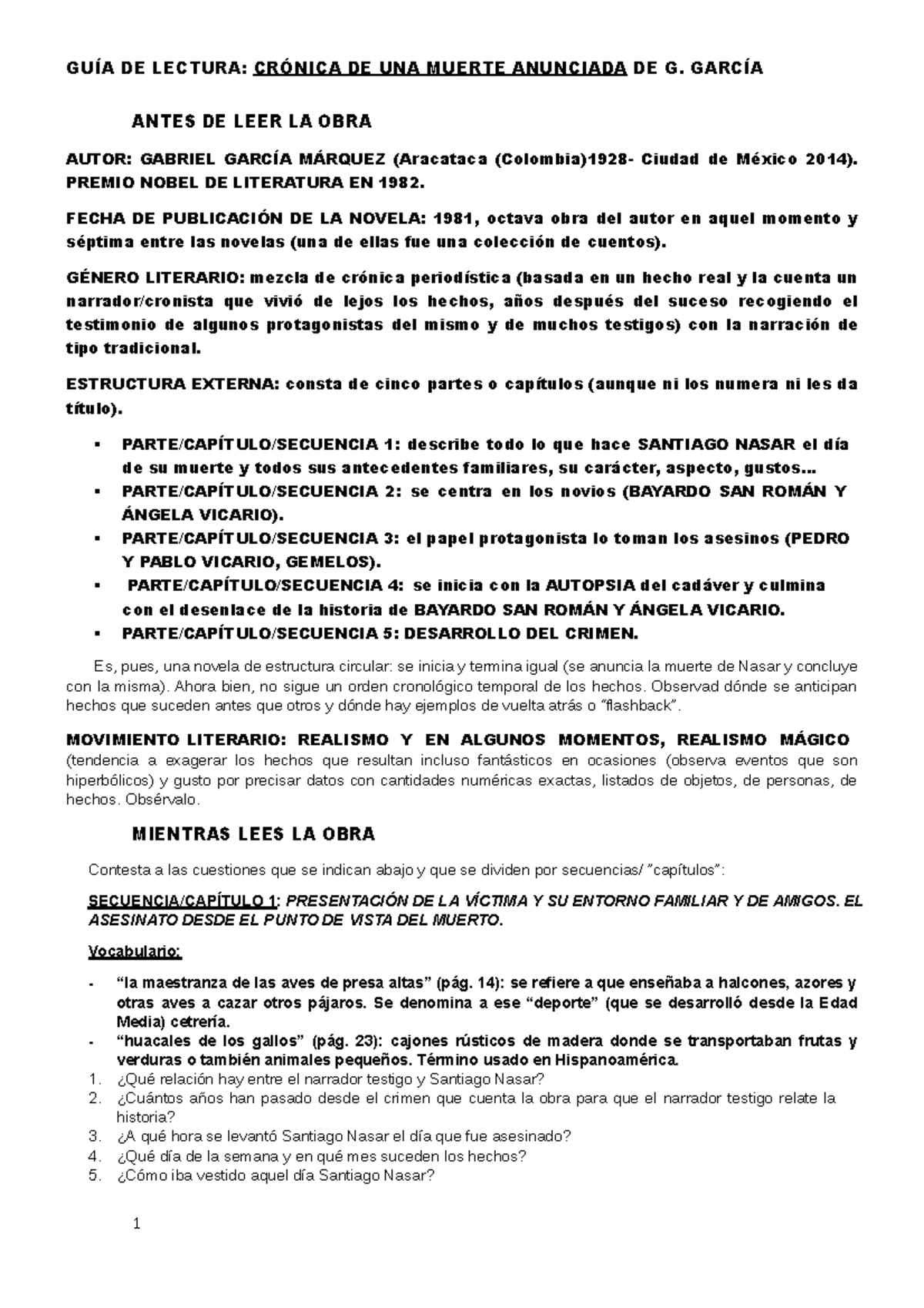 GUÍA Lectura DE Crónica de una muerte anunciada - GUÍA DE LECTURA ...