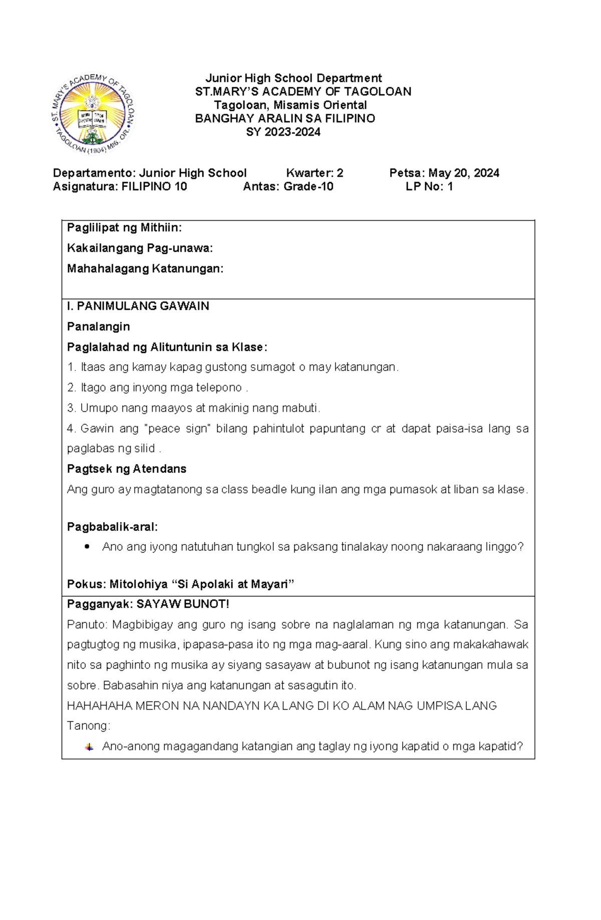 Lesson Plan- SMA Tagoloan G10-Demo - Junior High School Department ST’S ...