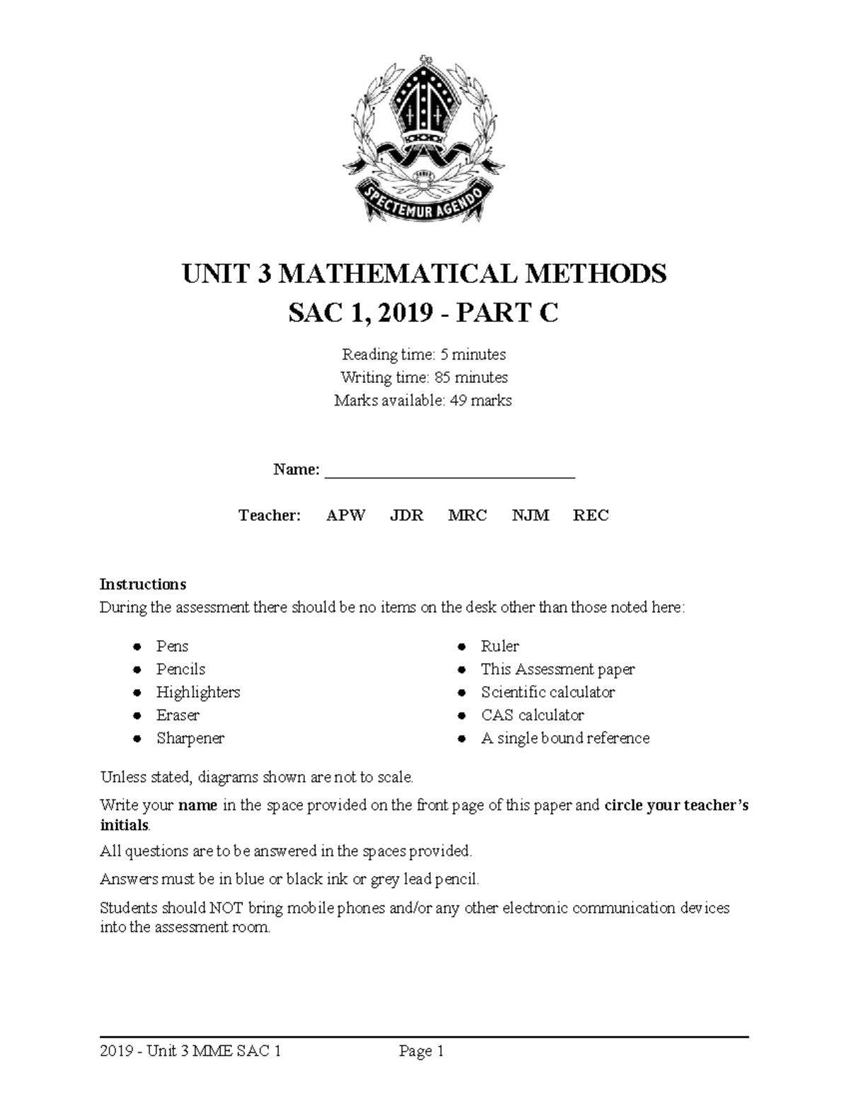 CGS 2019 12MME SAC 1 - UNIT 3 MATHEMATICAL METHODS SAC 1, 2019 - PART C ...