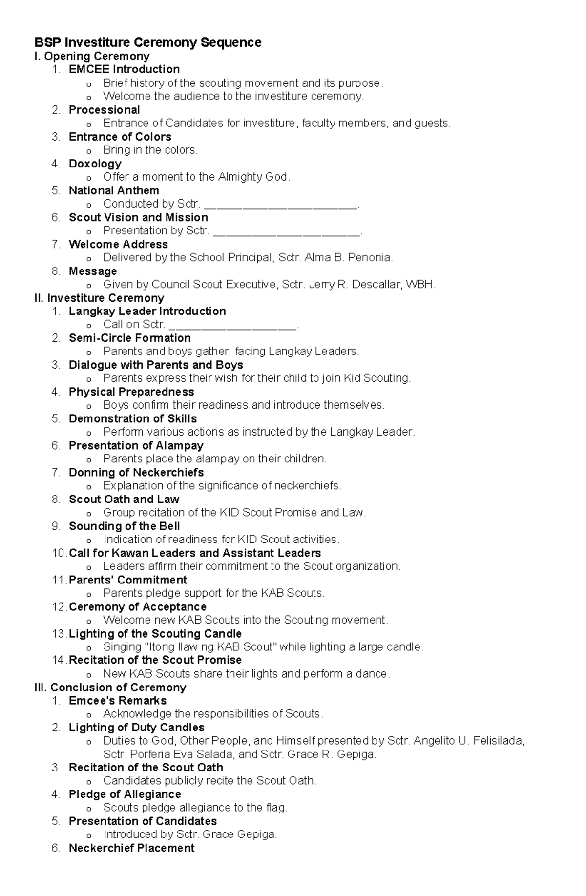 BSP Investiture Ceremony Sequence - Opening Ceremony 1. EMCEE ...