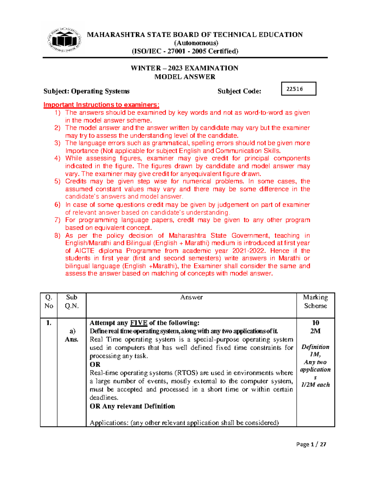 OSY-W-23 - OSY 22516 winter 2023 model answer paper. OSY model answer paper winter 2023. - - Studocu