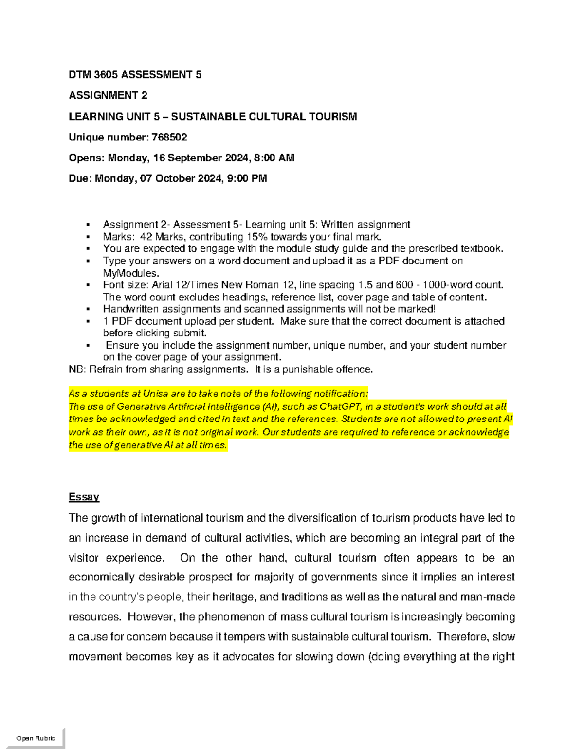 Assessmnet 5 -24-S2 Information sheet - DTM 3 605 ASSESSMENT 5 ASSIGNMENT 2 LEARNING UNIT 5 ...