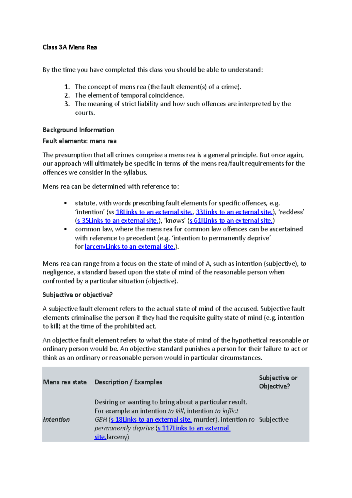 Class 3A Mens Rea - summary tutorial notes - Class 3A Mens Rea By the ...