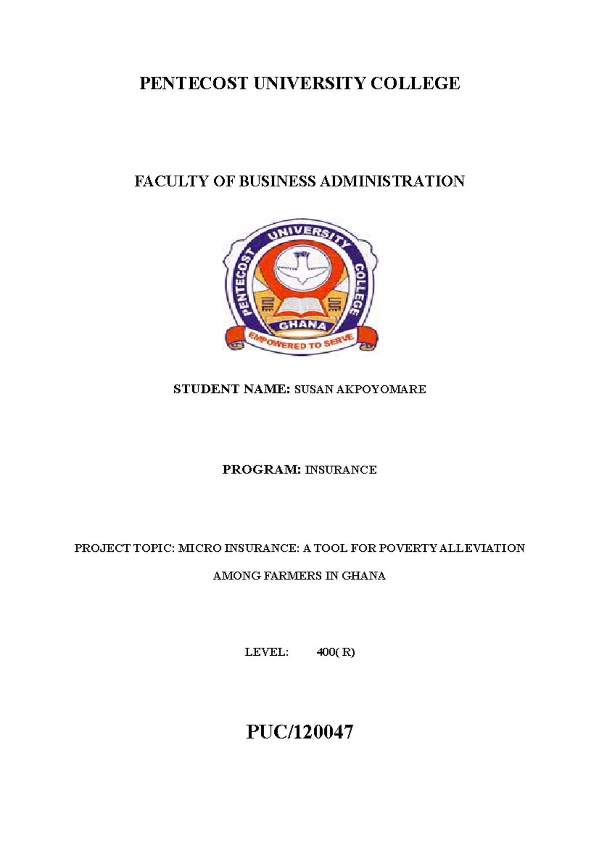 Project WORK FOR Insurance Proposal - PENTECOST UNIVERSITY COLLEGE ...