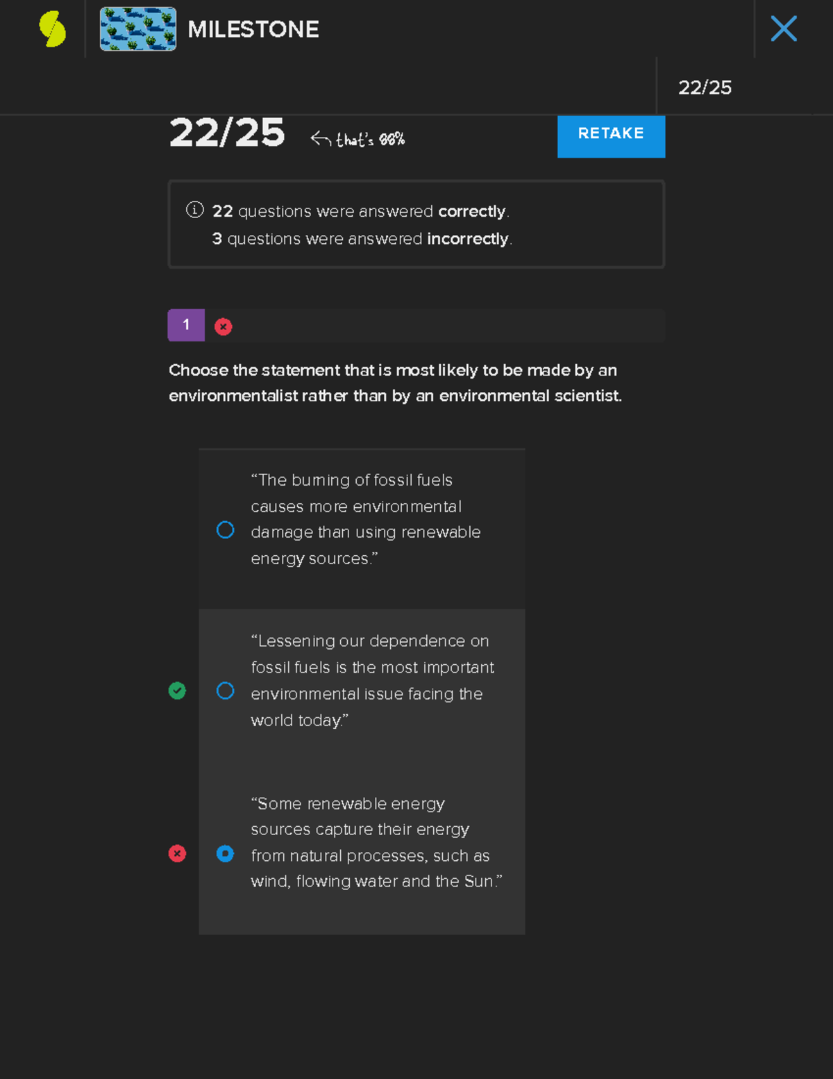 Sophia Enviormental Sci Milestone Final - 1 22/25 that's 88% RETAKE 22 ...