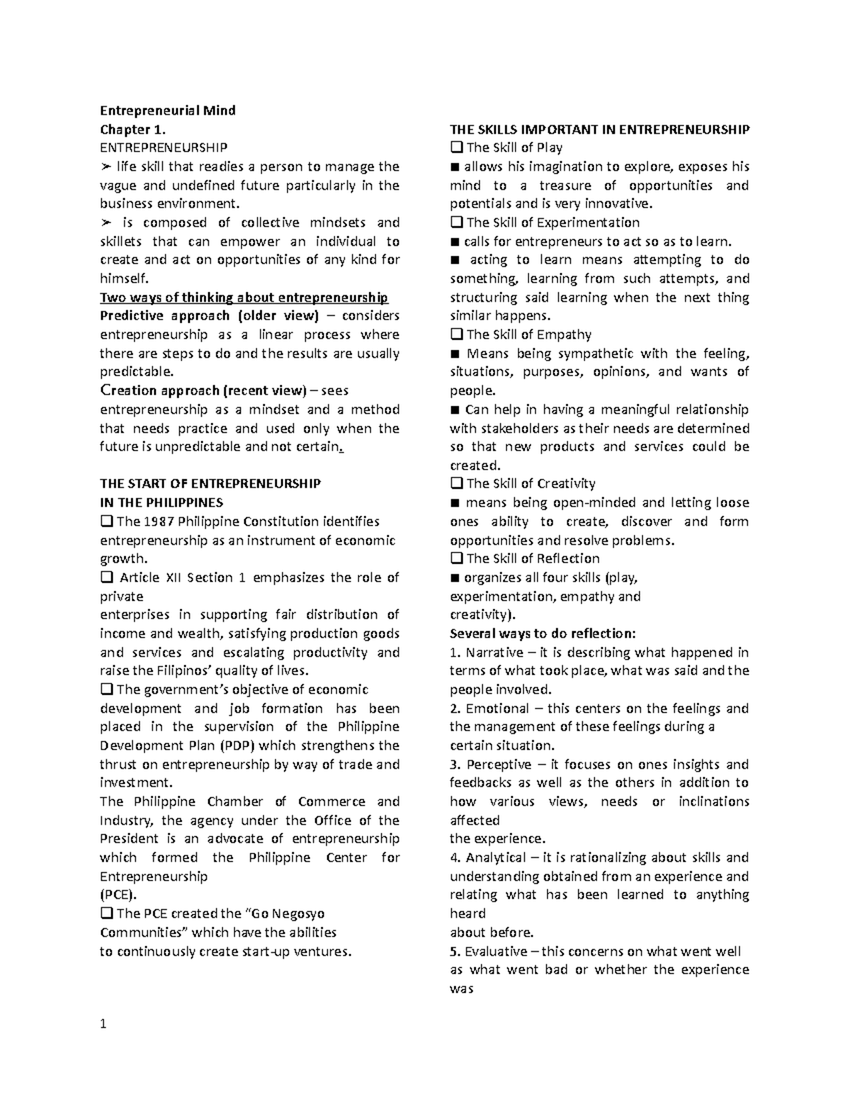 Entrep-notes - Chapter 1 - Entrepreneurial Mind Chapter 1 ...