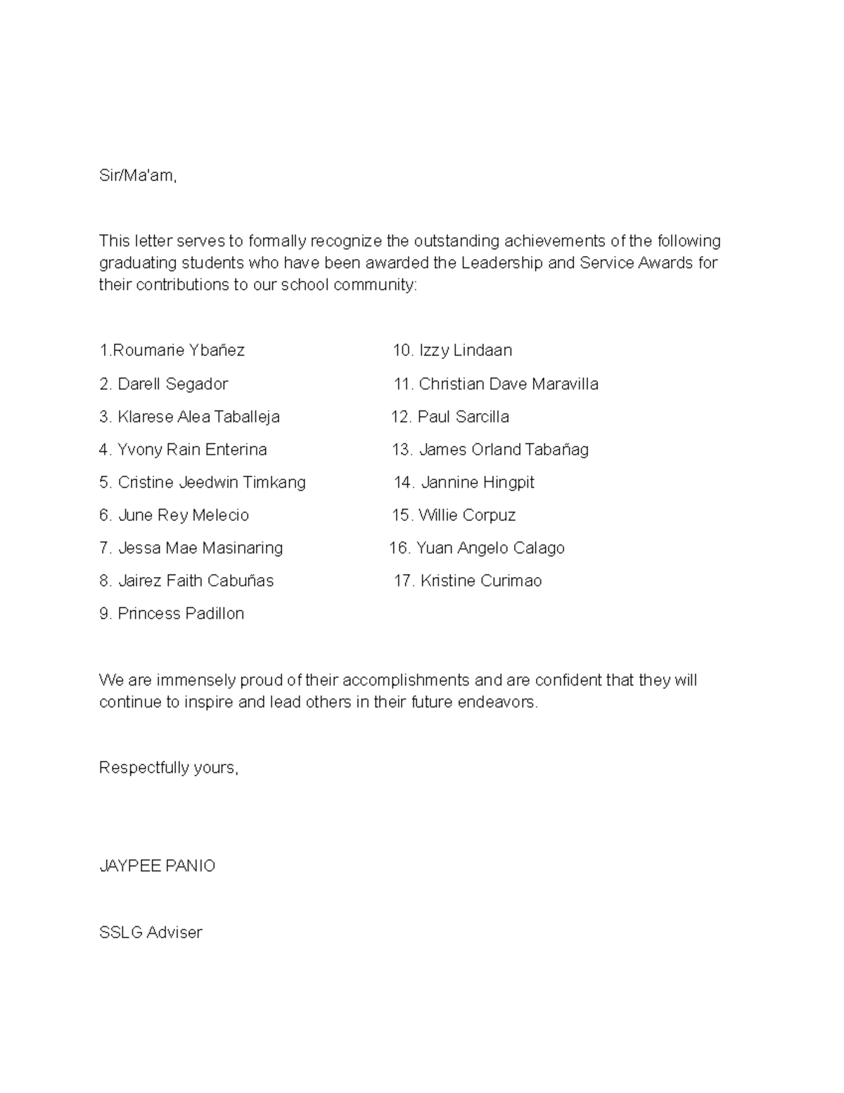 Awardees-letter - Study pointers - Sir/Ma'am, This letter serves to ...