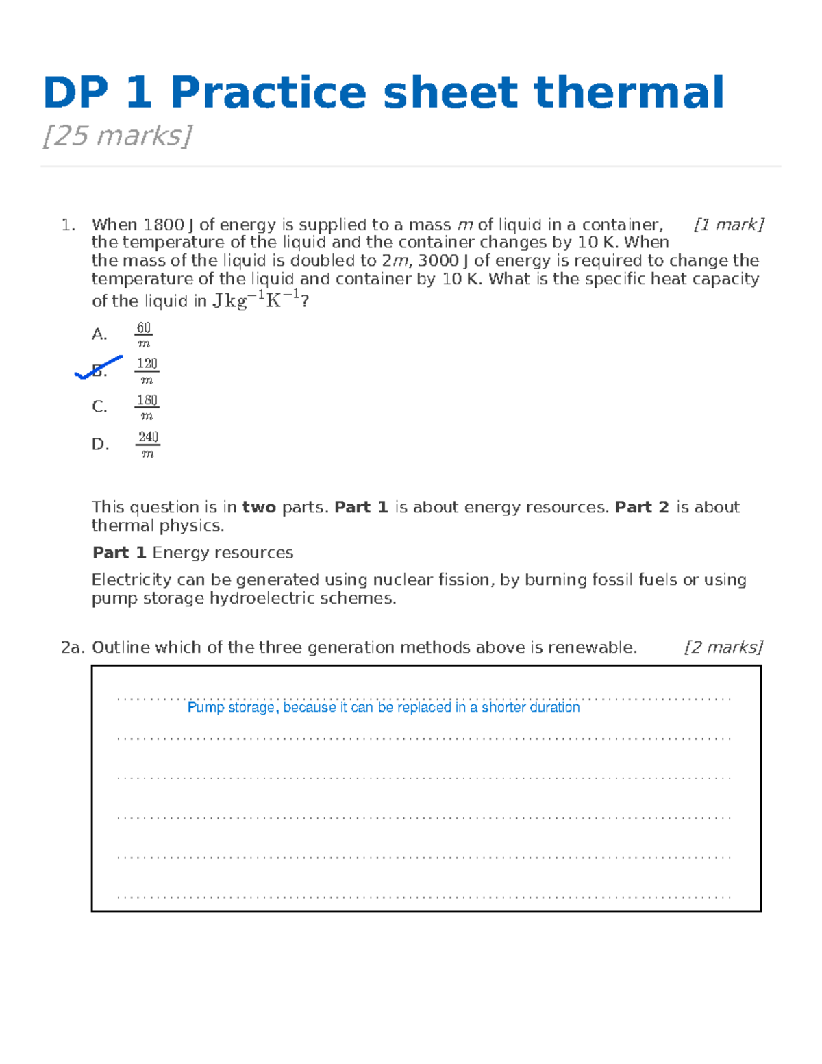 DP 1 Practice sheet Thermal physics IB document - DP 1 Practice sheet ...