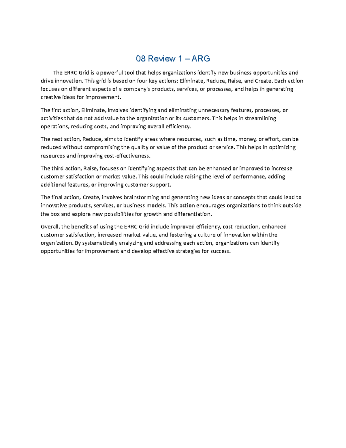 08 Review 1 Entrepreneurial mind - 08 Review 1 – ARG The ERRC Grid is a ...