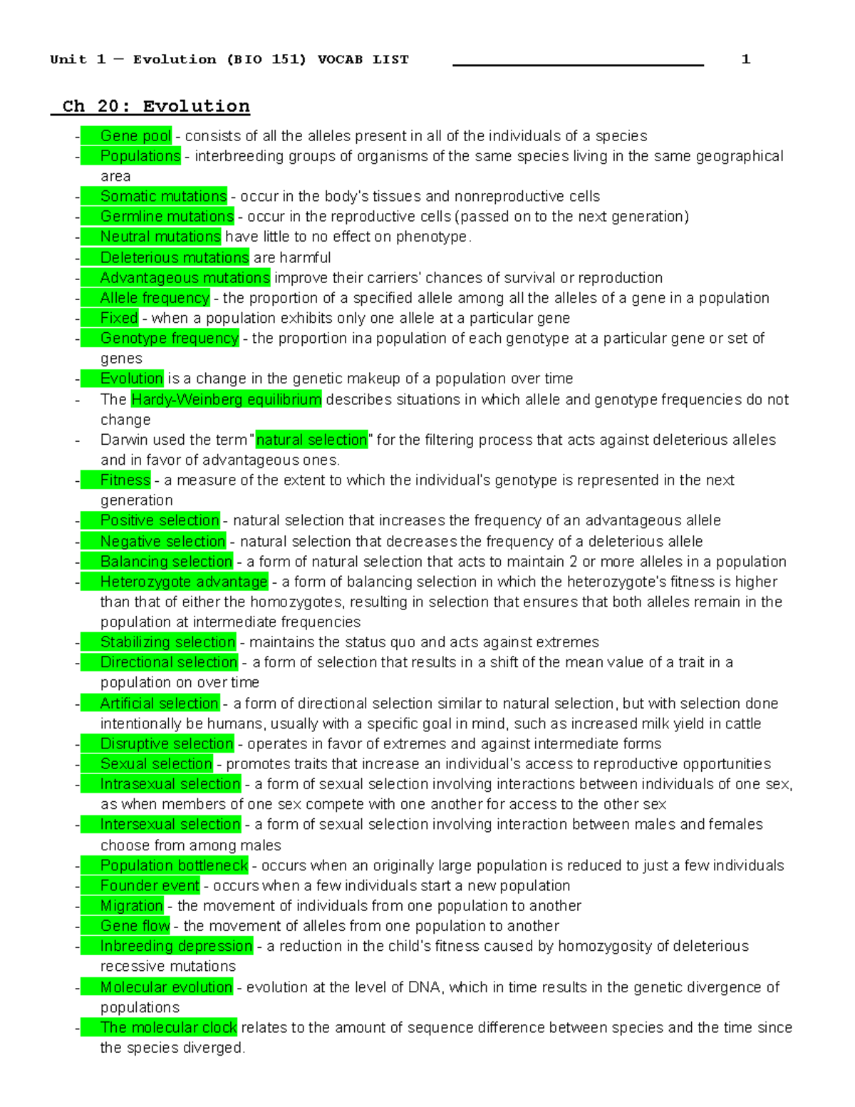 Evolution Vocab List BIO151 - Ch 20: Evolution Gene pool - consists of all the alleles present ...
