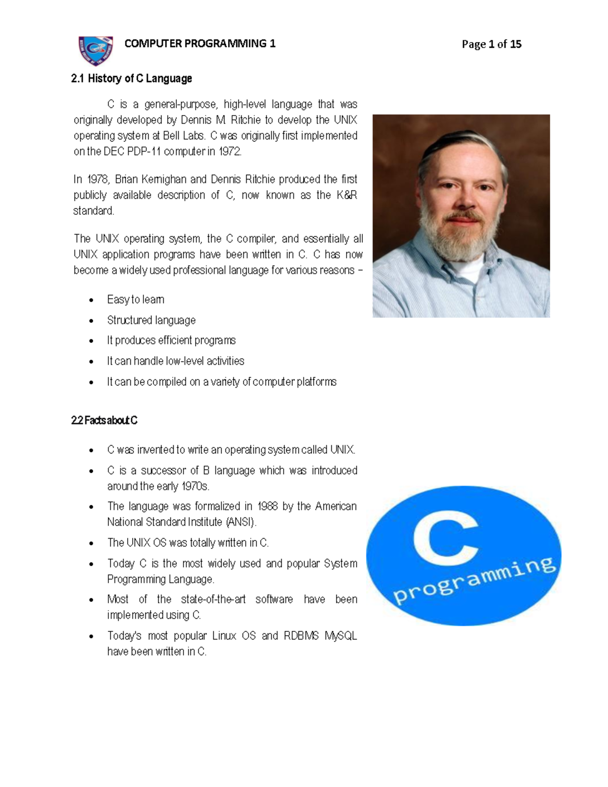 Comprog 1 Lesson Proper 2 - Overview of the Turbo C Language Set Theory Page 1 of 15 2 History ...