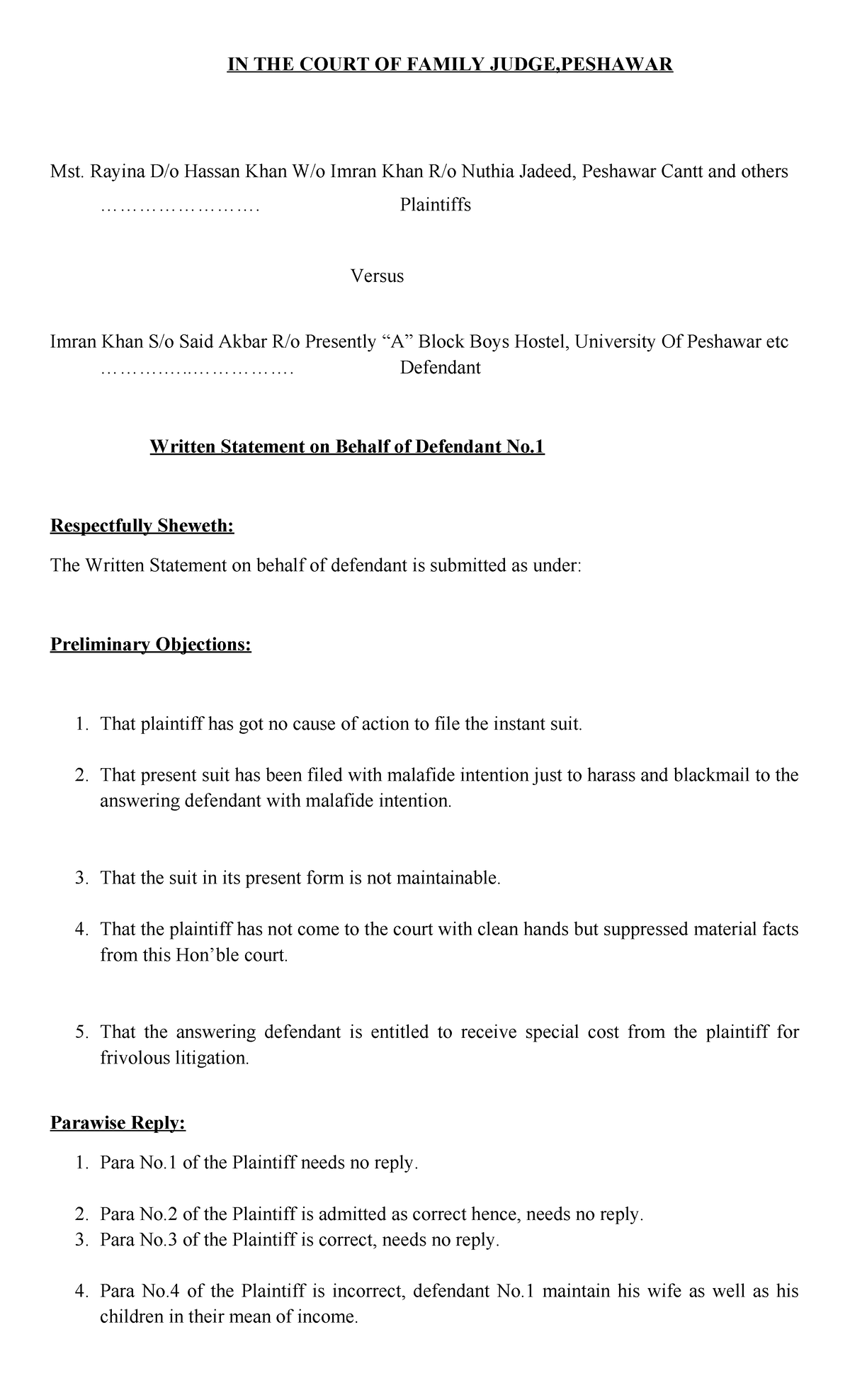Mst Rayina vs Imran written statement - IN THE COURT OF FAMILY JUDGE ...