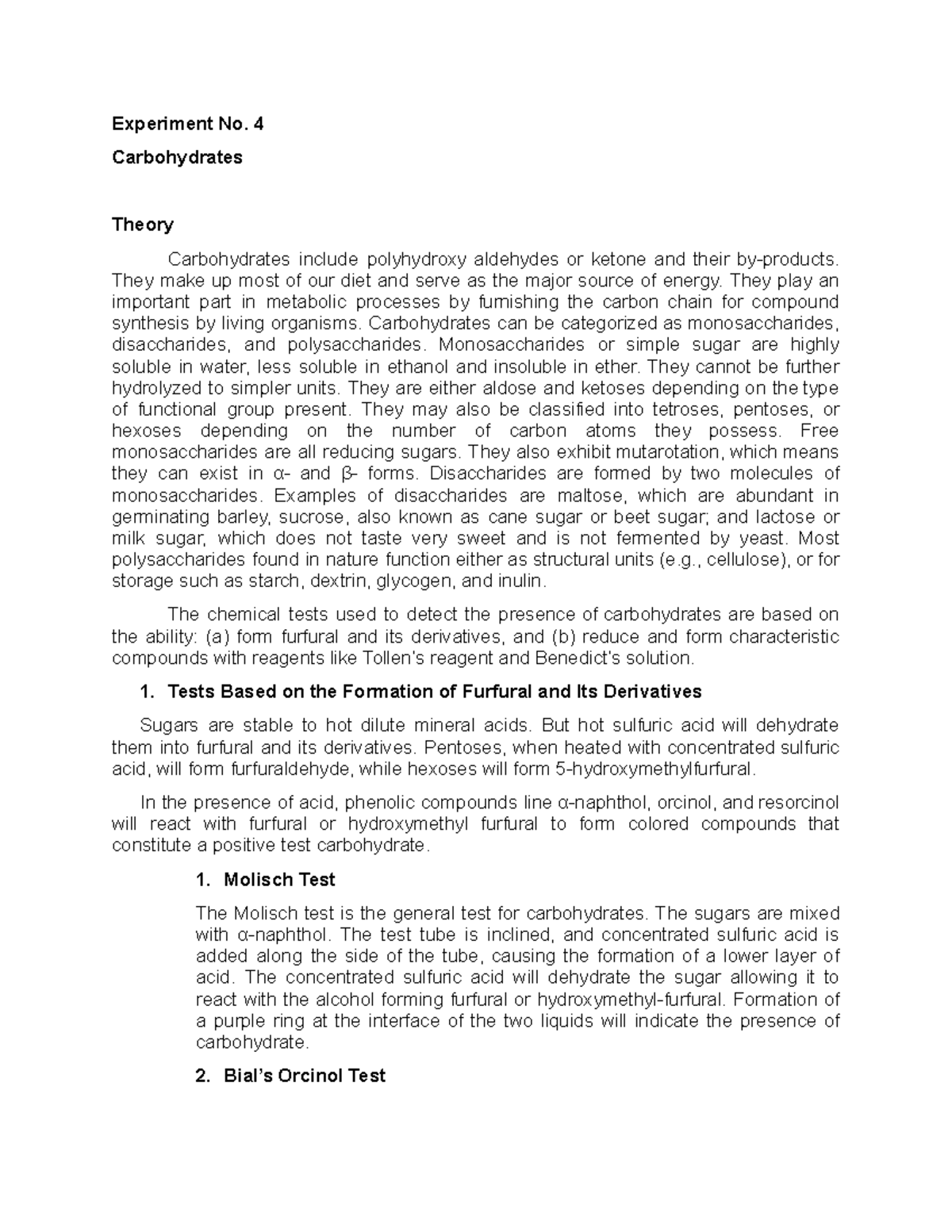 Carbohydrates_CHEM - Experiment No. 4 Carbohydrates Theory ...