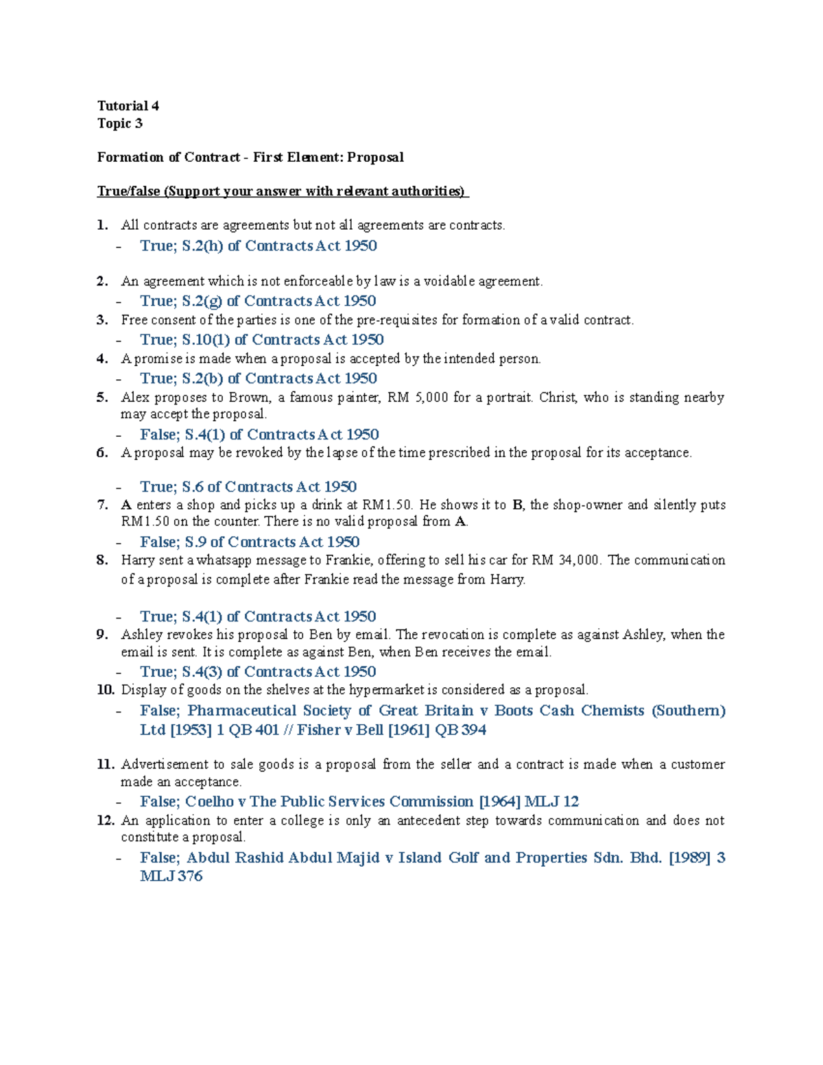 339736 TUT 4 - Topic 3 (PART A) - Tutorial 4 Topic 3 Formation of Contract - First Element ...
